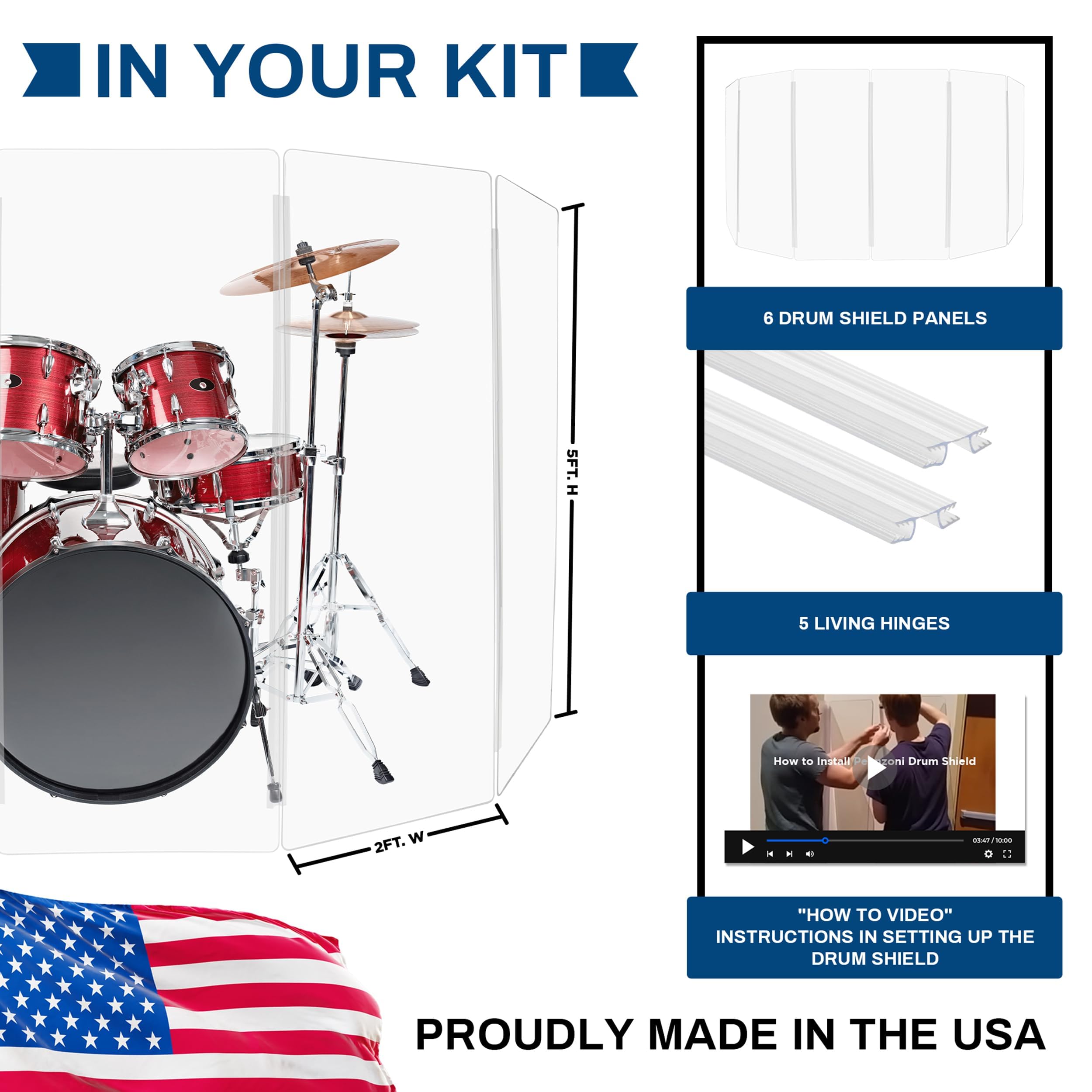 PENNZONI Drum Shield 5ft w/Living Hinges, Comes w/ 6 Drum Panels & Living Hinges, Premium Clear Acrylic Panels, Drum Screen