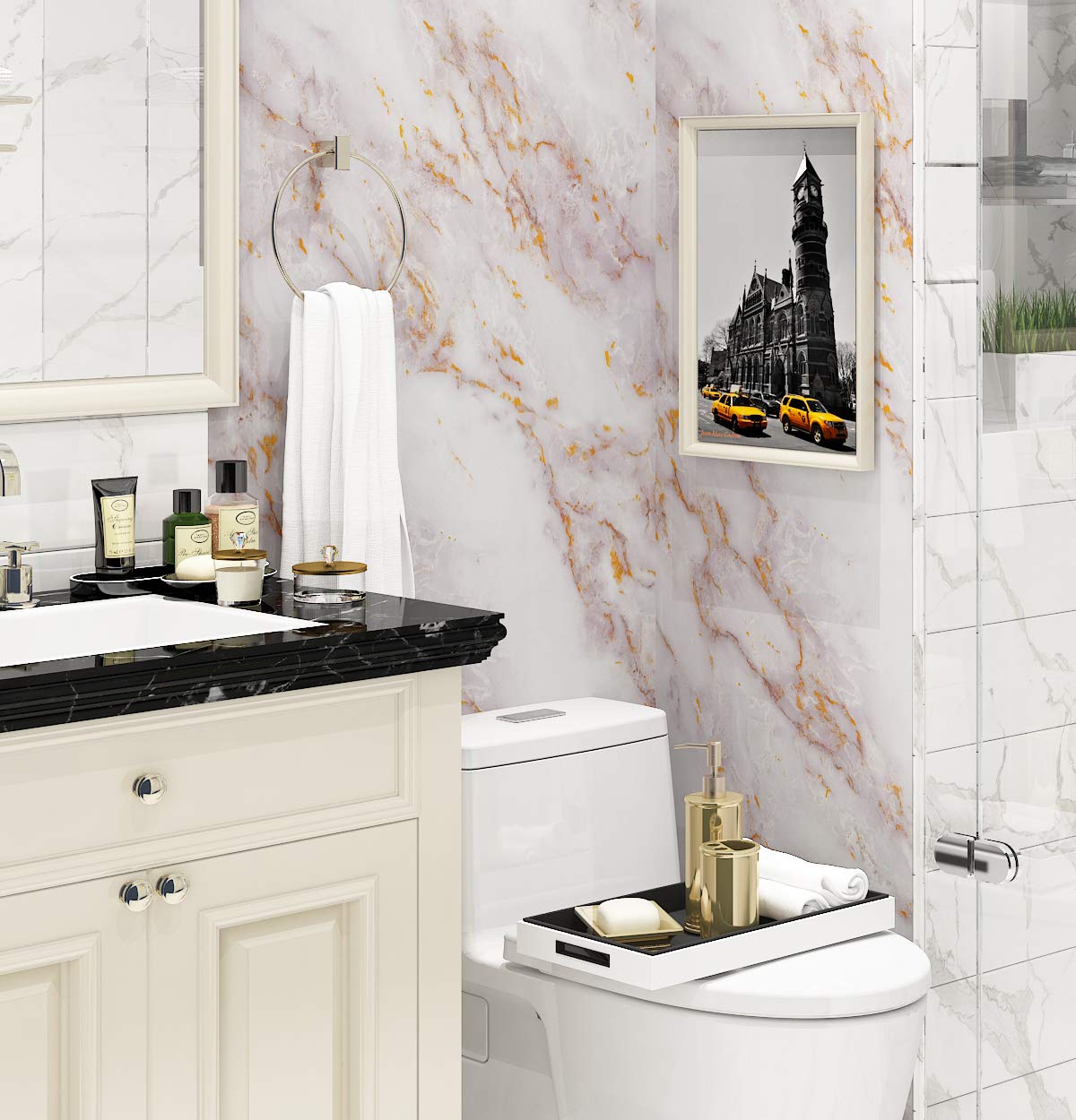 Livelynine Gold Marble Contact Paper Peel and Stick Countertops for Kitchen Table Desk Counter Top Covers Self Adhesive Wallpaper for Bathroom Sink Removable Waterproof 15.8x78.8 Inch
