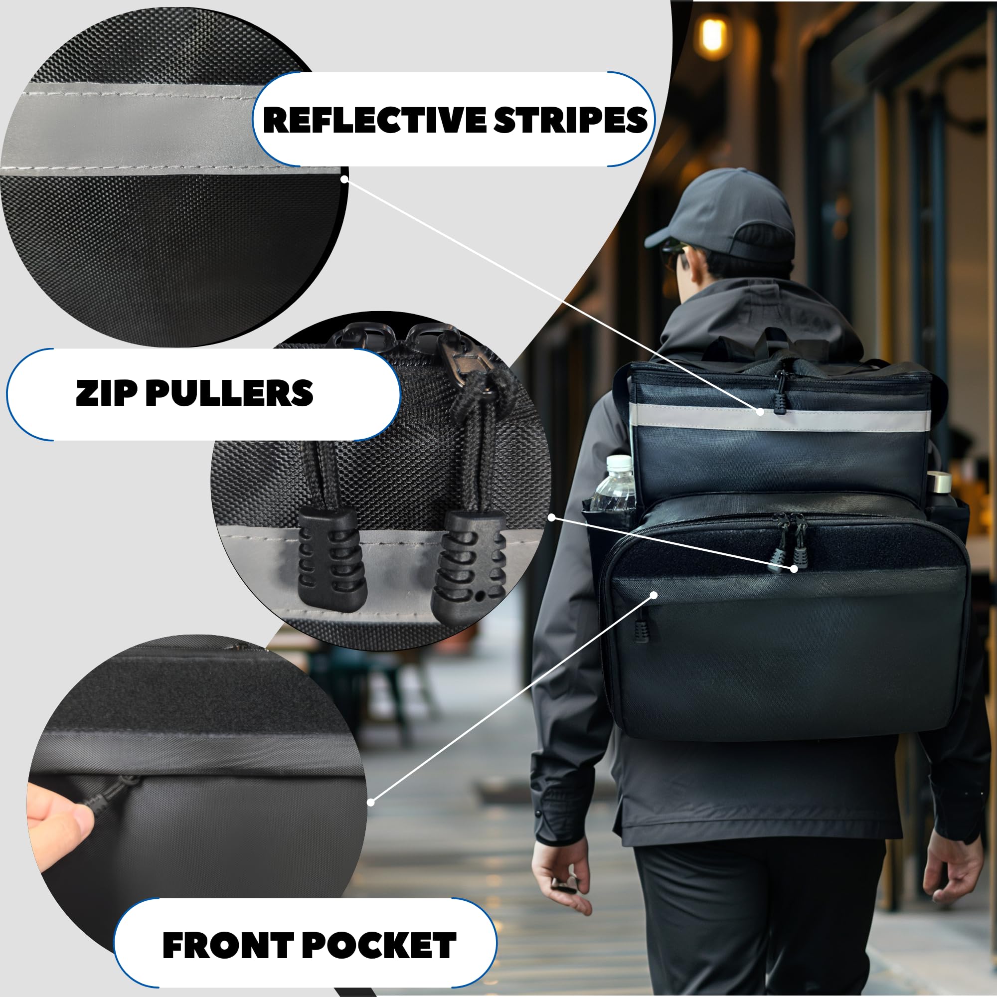 Insulated Food Delivery Backpack made with Expandable 1680D commercial-grade fabric features customizable Velcro patch area for branding, ideal for bike deliveries, Uber Eats, DoorDash, Grubhub