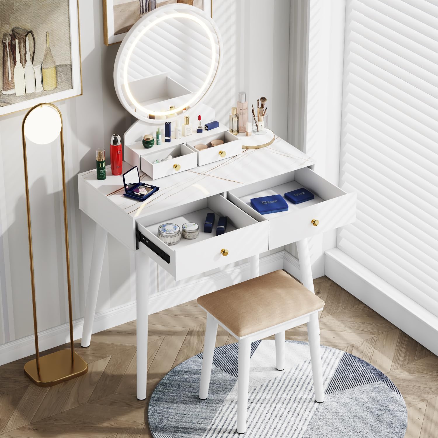 JUMMICO Makeup Vanity Desk with Round Mirror and Lights, Vanity Table Makeup Desk 4 Storage Drawers 3 Adjustable Colors LED Lights Matched Soft Cushioned Stool for Girls Bedroom (White) β¦