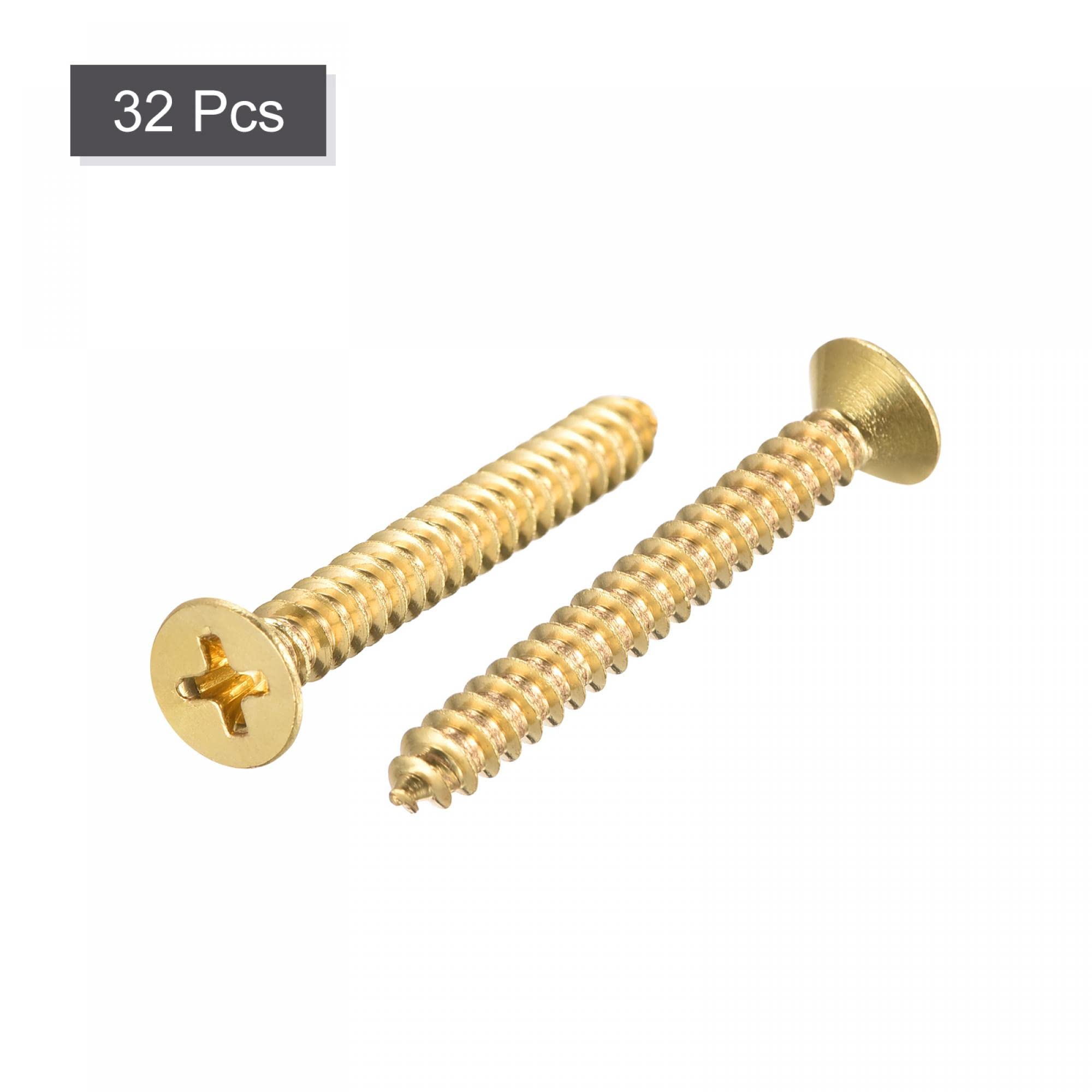 uxcell Brass Wood Screws, M5x40mm Phillips Flat Head Self Tapping Connector for Door Hinges, Wooden Furniture, Home Appliances 32Pcs