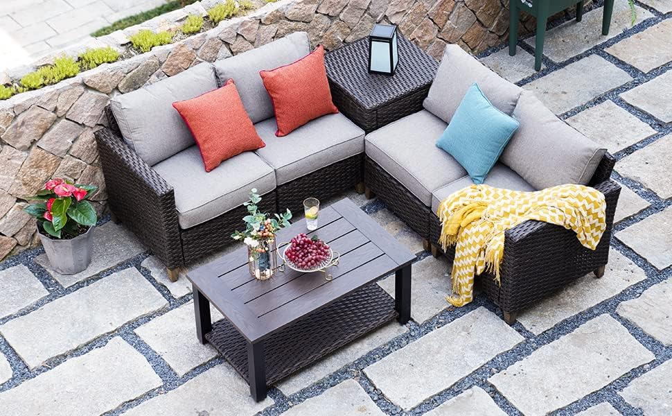 Grand patio Outdoor Coffee Table 40In Aluminum Steel Side Table Modern Rectangle Fits with Conversation Set All-Weather Resin Wicker Storage Shelf Wood Grain Finish Tabletop