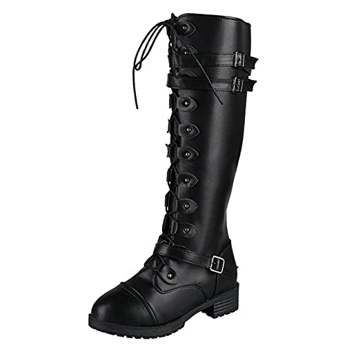FASDNENDYS Knee High Boots for Women Boots Buckle Toe Lace Decor Shoes Ladies Squared Large Calf Knee Boots Black