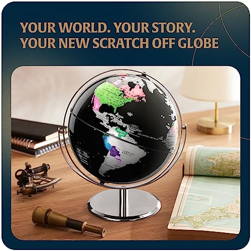 Scratch Off World Globe with Stand for Home and Office Decor | 10” Sphere Earth Globes with Scratchable Foil | A Unique Travel Gift for Travelers | World Map Desktop Globe | Travel Map Scratch Map (Globe - Black & Silver)