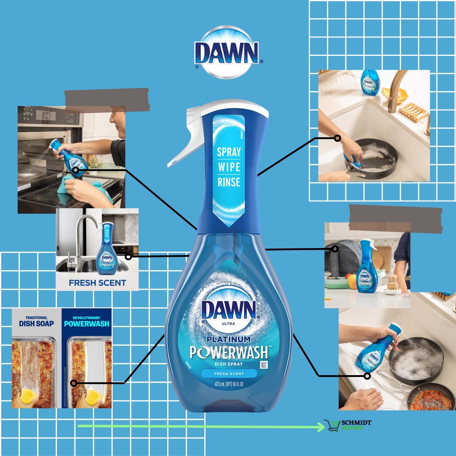 Dawn Platinum Powerwash, Fresh Scent, 1 Starter Kit + 2 Refills + Cleaning Sponge + 1 Card Protector SchmiidtEmpire + Sticker (16oz each - 6 Piece Set - Pack of 2)