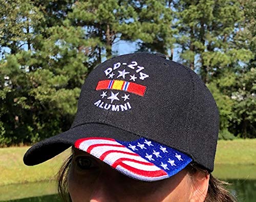 DD-214 Alumni Black Hat with National Service Ribbon and American Flag Bill