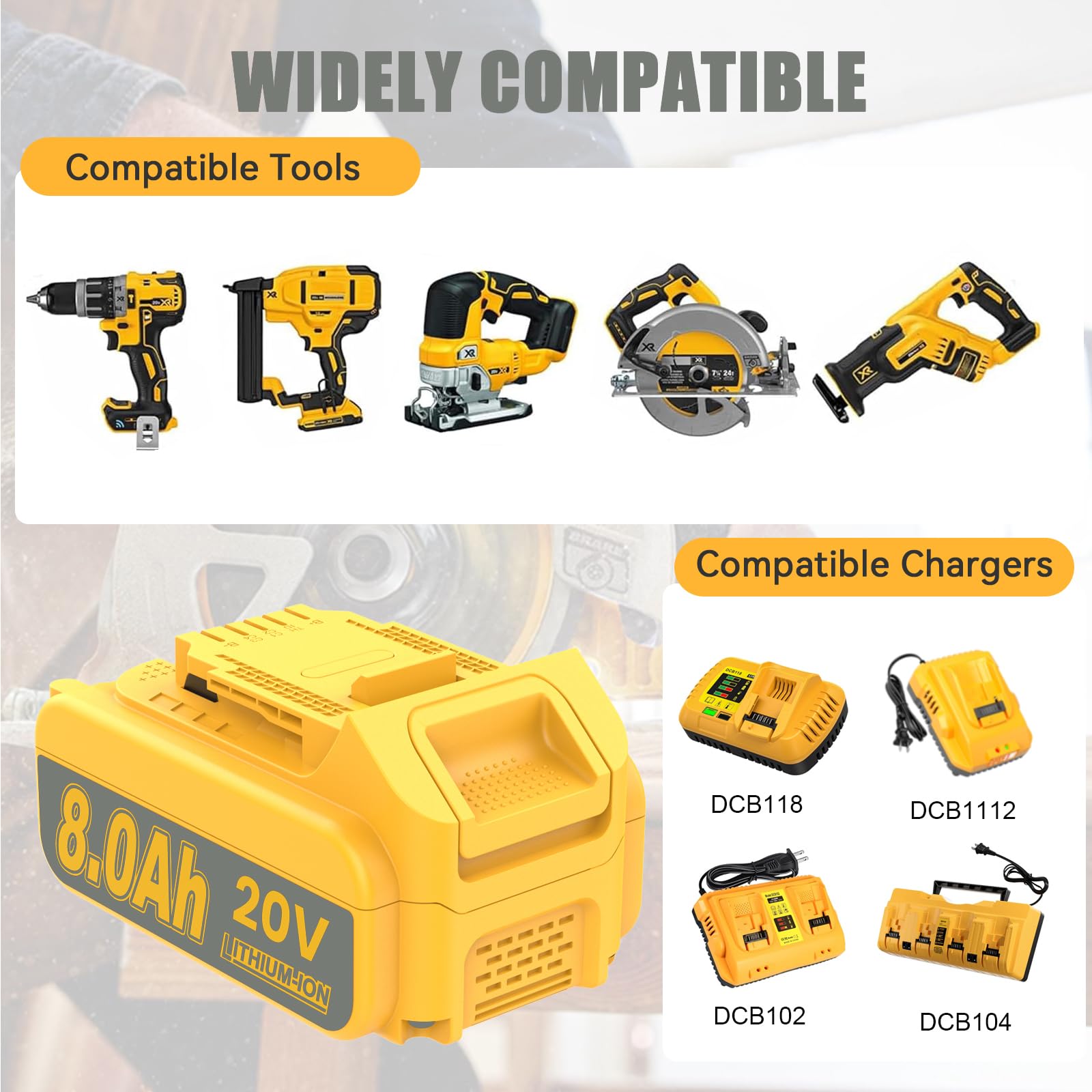 JUNWOOD 2Pack 8.0Ah Replacement for Dewalt 20V Battery Lithium Max Compatible with XR DCB200 DCB201 DCB206 DCB204 DCB207 DCD/DCF/DCG Series