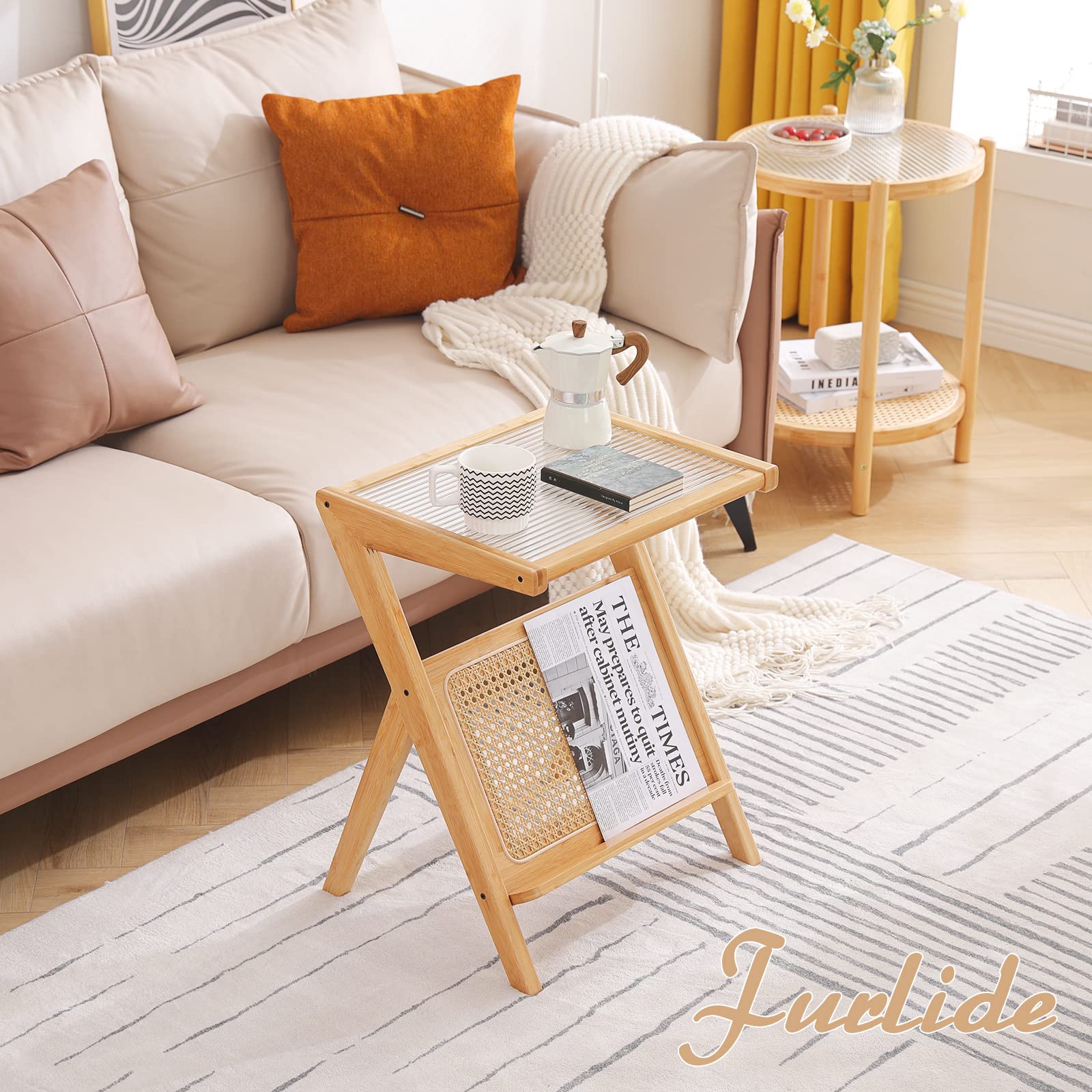 Furlide Tv Tray Table, Bamboo End Table, Boho Nightstand Side Table, Bedroom Coffee Table with Storage, Accent Bedside Tables for Living Room Bedroom Small Spaces (Wood)