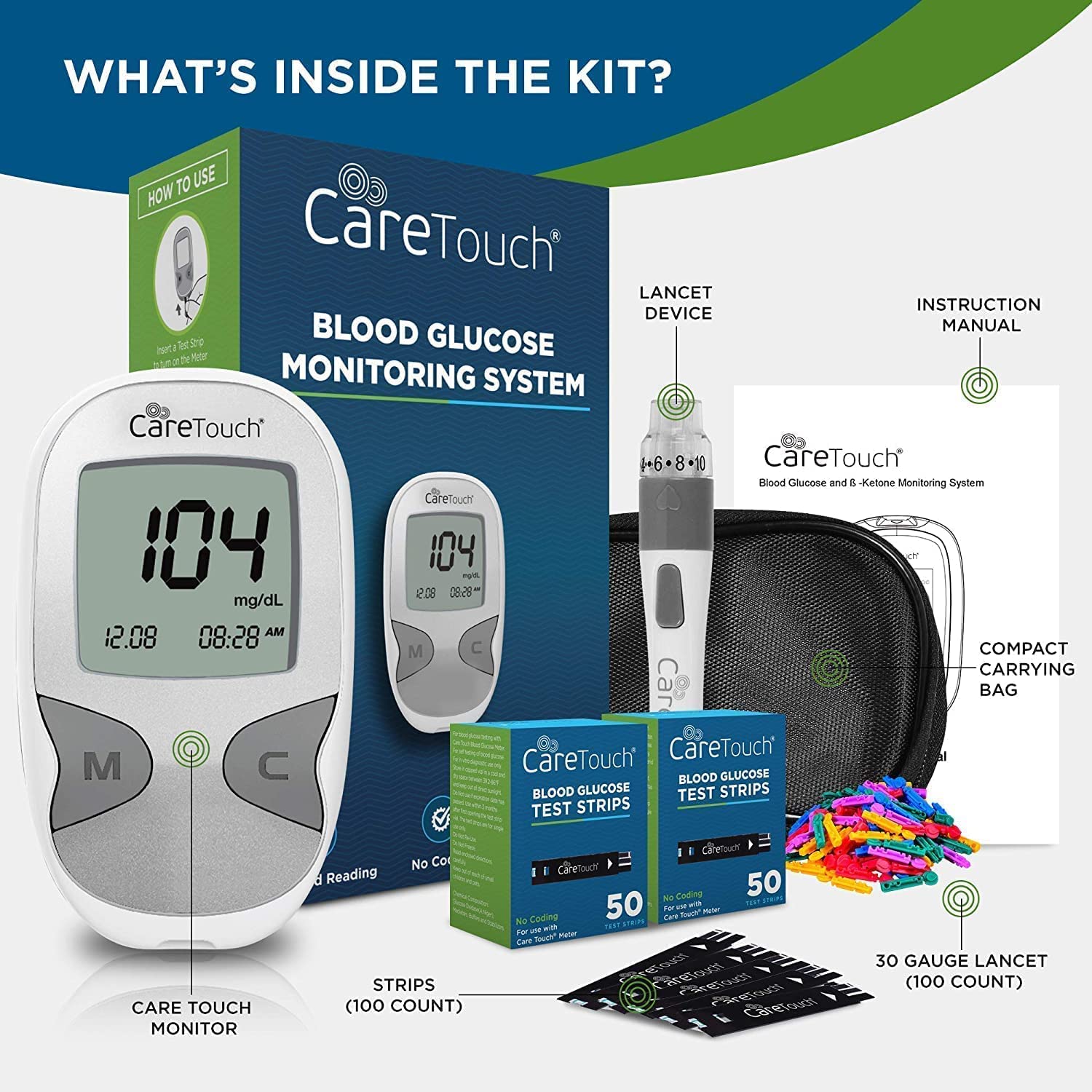 Care Touch Blood Glucose Meter Kit - Diabetes Testing Kit with Glucometer, Test Strips, Lancing Device, Lancets & Travel Case