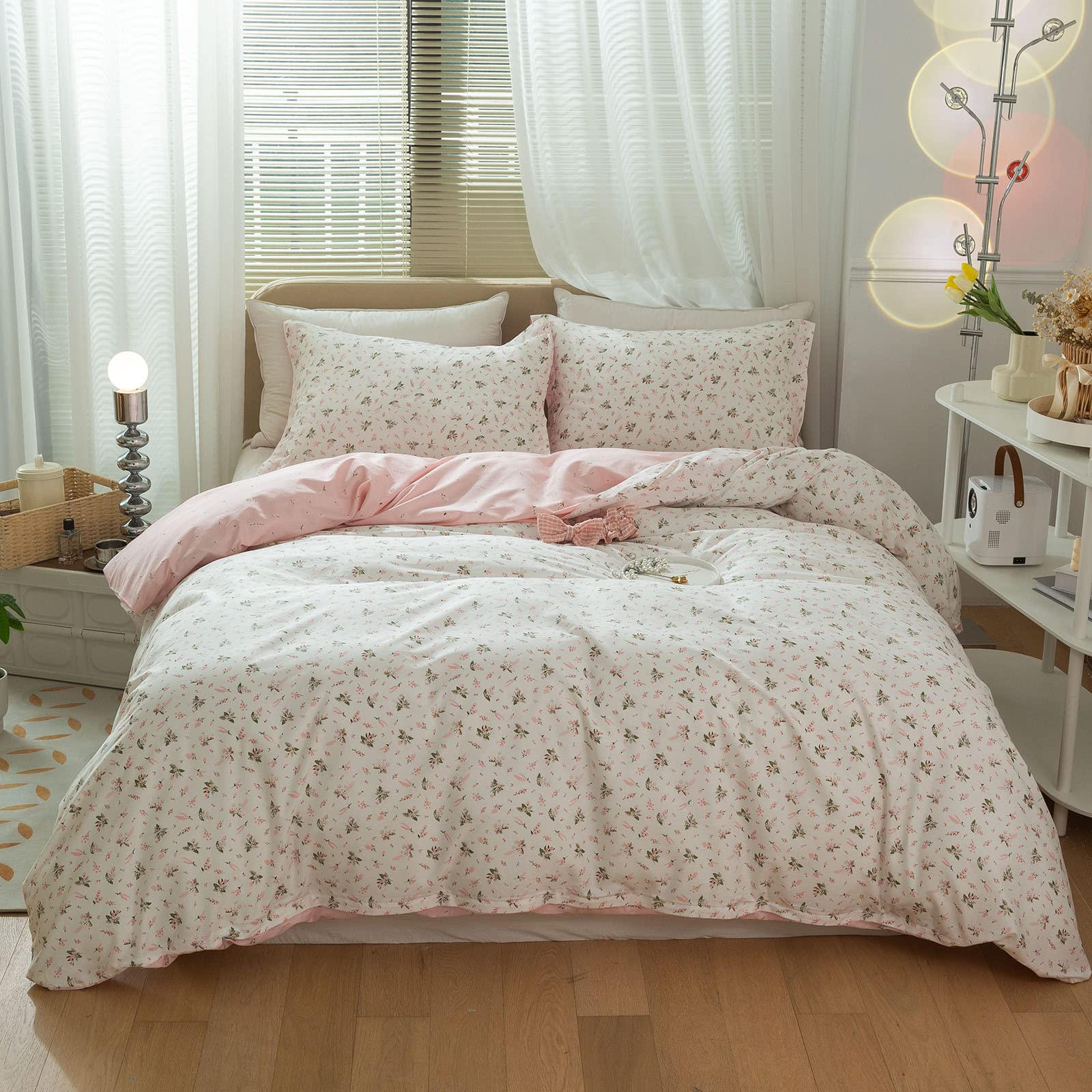 LifeTB 4 PCS Chic Garden Floral Duvet Cover Set【1 Queen Duvet Cover + 2 Standard Pillowcases + 1 Queen Fitted Sheet】