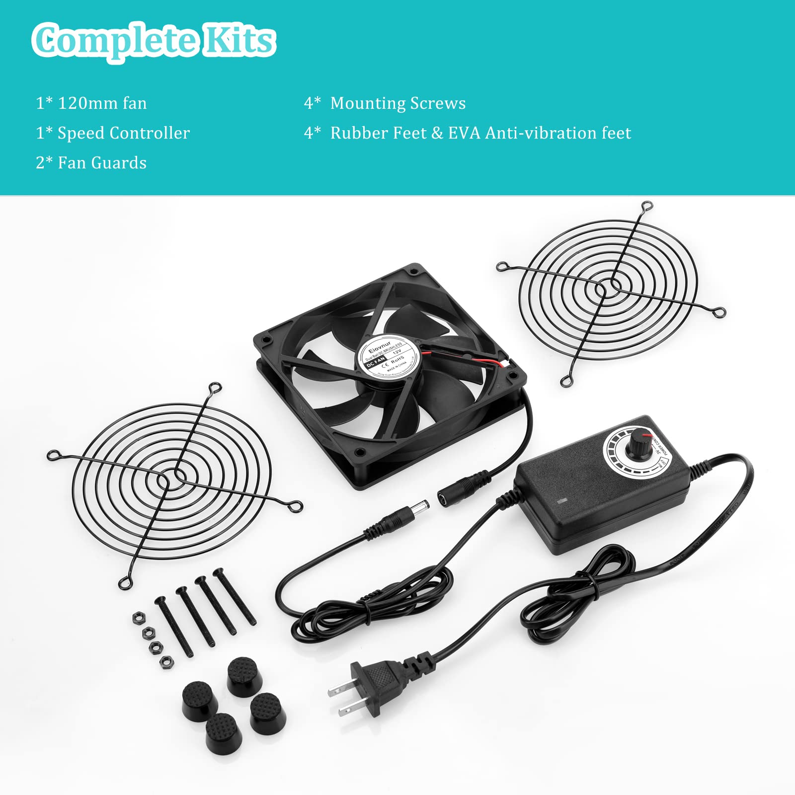 Eiovnur Computer Fan with AC Plug, Variable Speed Fan, 120mm AC Fan 110V 120V 220V 240V, for Terrarium Receiver Amplifier Xbox DVR Component Cooling