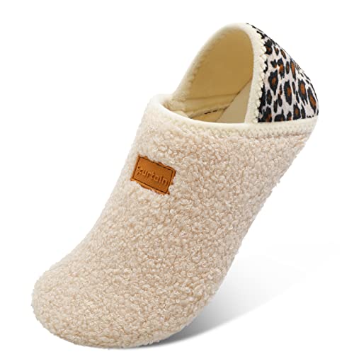 Scurtain Unisex Mens Womens Slippers Socks Artificial Woolen Slippers for Men Women with Non-Slip Rubber Sole Fitkicks Shoes for Women Bedroom Slippers Women Slip on Shoes Beige/Leopard 6-7