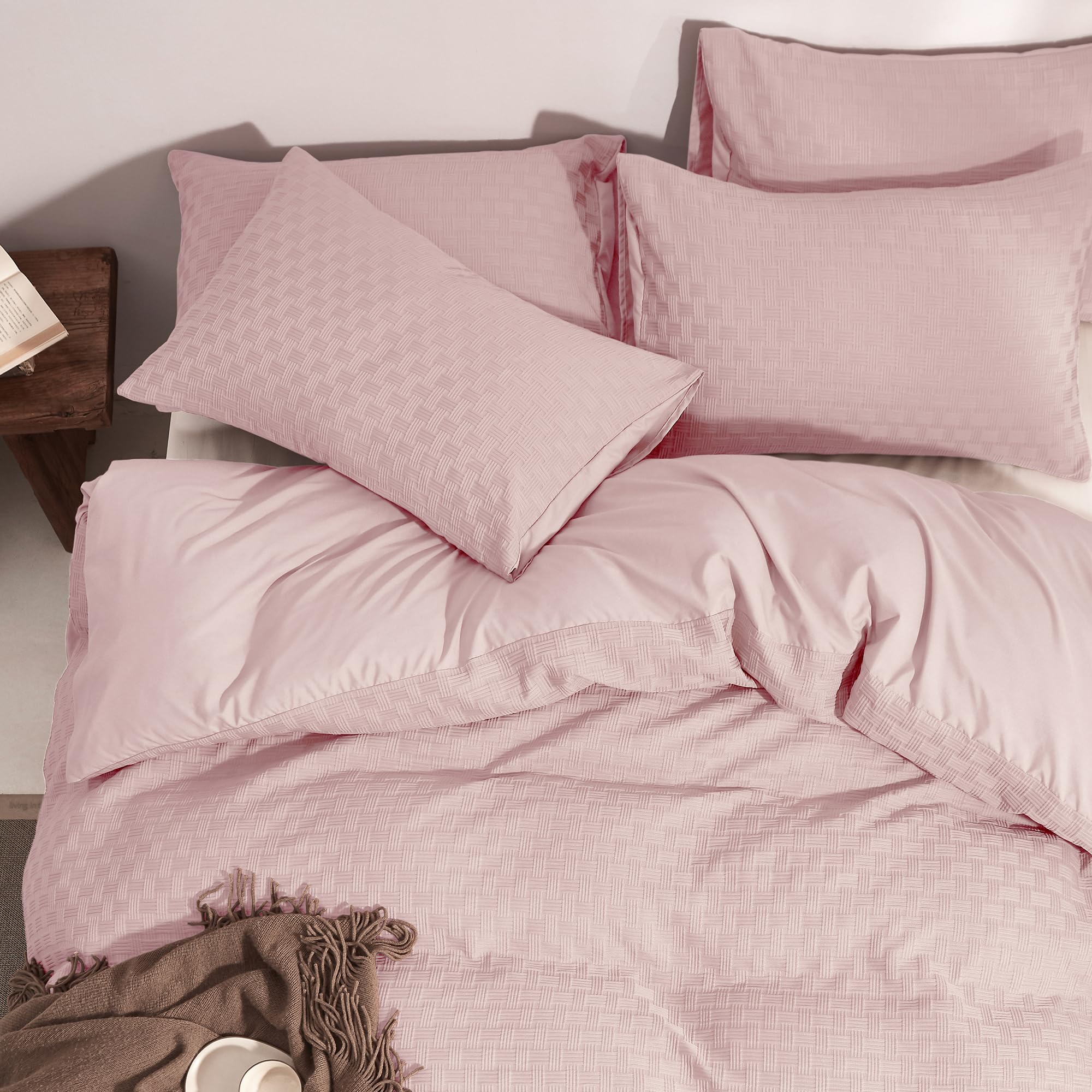 JELLYMONI Pink Duvet Cover Full Size - 3 Pieces Soft and Breathable Microfiber Knitted Jacquard Waffle Weave Striped Comforter Cover with 8 Corner Ties & Zipper Closure