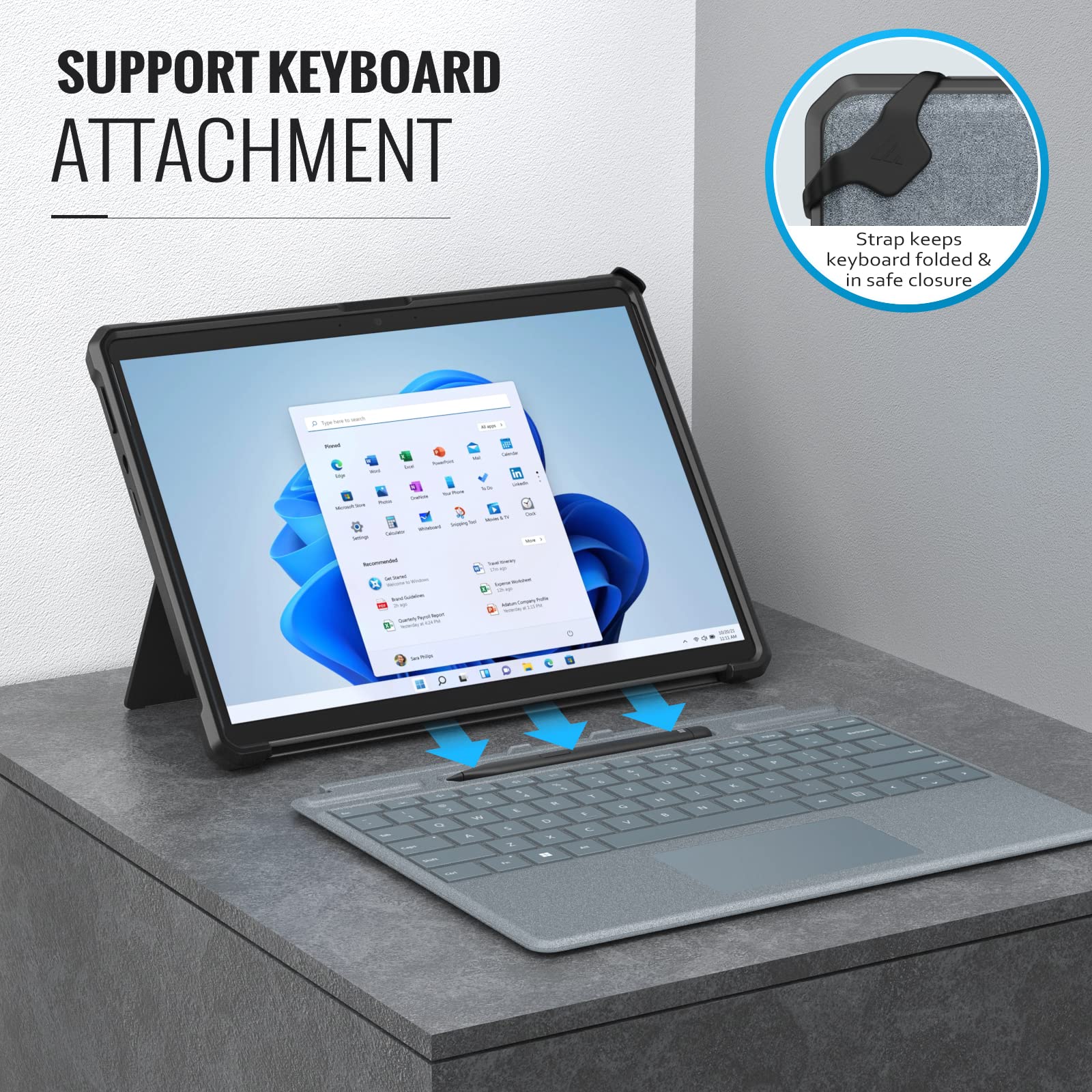 MoKo Case Fits Microsoft Surface Pro 8 13" Touchscreen 2021 Release Tablet, All-in-One Protective Rugged Cover Case with Hand Strap, Compatible with Type Cover Keyboard, Black