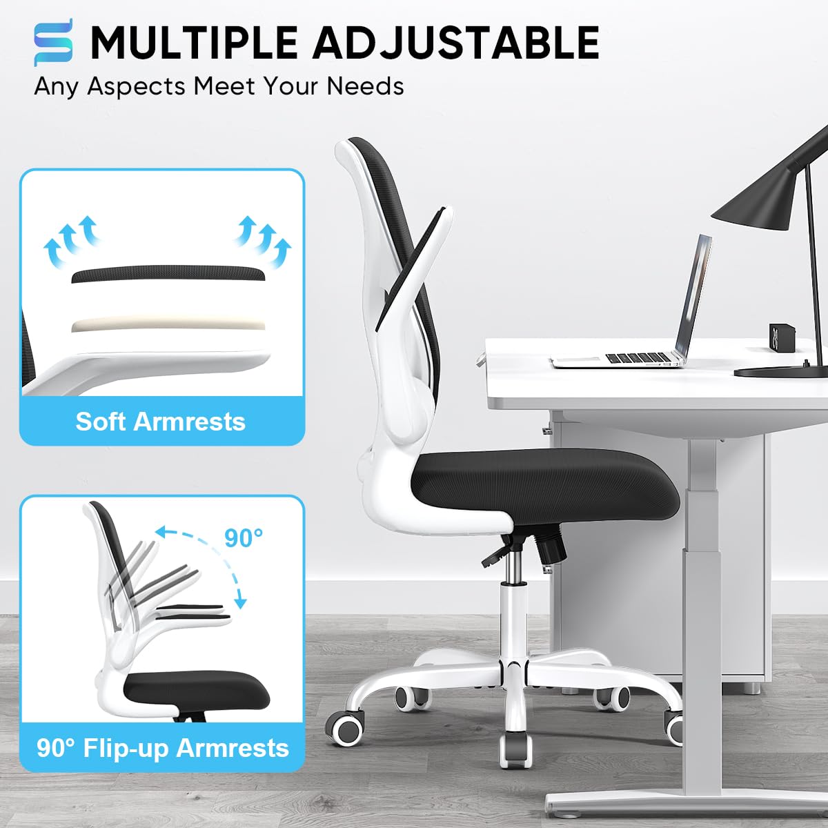 Sytas Ergonomic Desk Chair with Padded Flip up Arms and Supportive Lumbar Support, Breathable Mesh Home Office Chair with Comfortable Cushion for Home or Office(White)