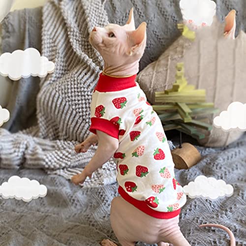 Sphynx Cat Summer Clothes for Cats Only Pattern Cotton T-Shirts Soft Breathable Pullover Vest with Sleeveless Kitten Shirts for Sphynx (L(7.3-9.7lbs), Strawberry)