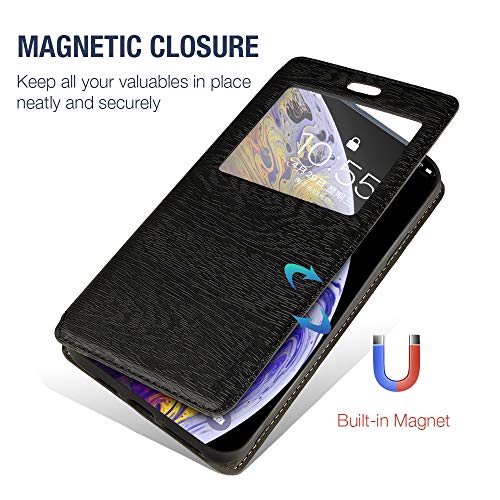Infinix Smart 5 Case, Wood Grain Leather Case with Card Holder and Window, Magnetic Flip Cover for Infinix Smart 5