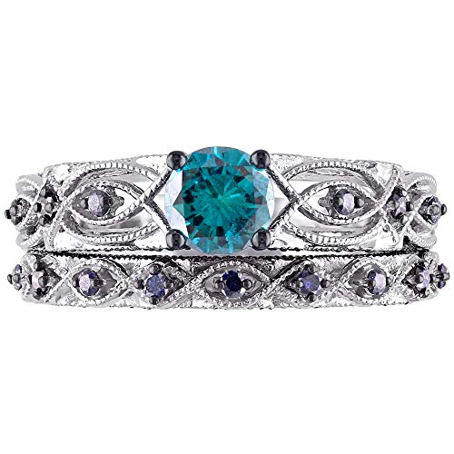 Czjewelry White Gold Plated Bridal Simulated Sapphire Cz Stone Ring Sets | Wedding Band for Women