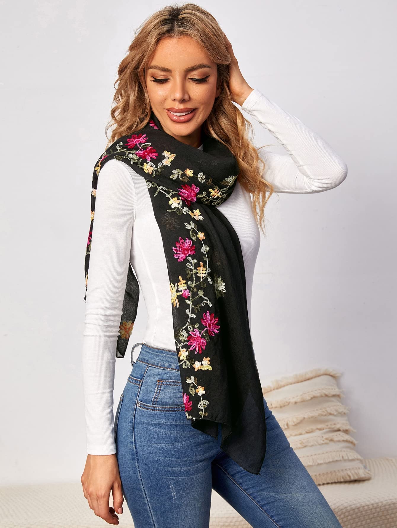 Floerns Women's Floral Embroidery Scarves Scarf Shawl Sunscreen Shawl Wrap Mint Green Leaf One Size