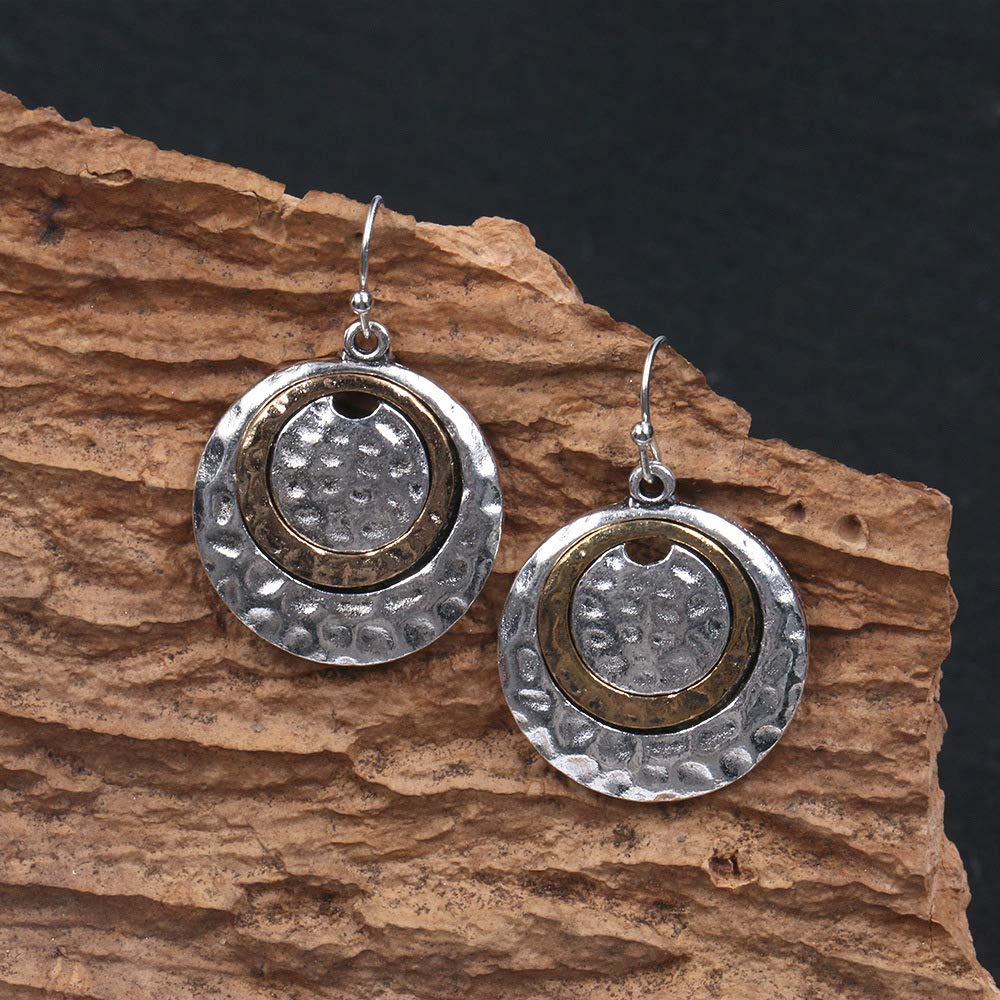 D.Rosse Handmade Ethnic Boho Retro Gold Matte Small Round Circle Dangle Drop Earrings Vintage Silver Hoop Hook Earrings for Women Statement Jewelry (Silver)