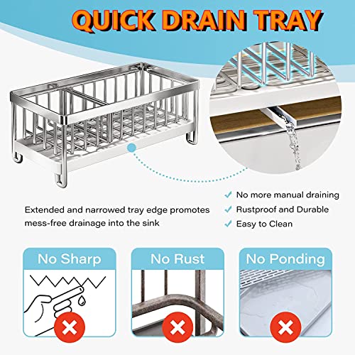 JYFKINN Kitchen Sink Sponge Holder, Kitchen Sink Caddy 304 Stainless Sponge Holder for Kitchen Sink Sponge Organizer with Divider Diversion Drainage, Dish Soap Dispenser Brush Holder Storage