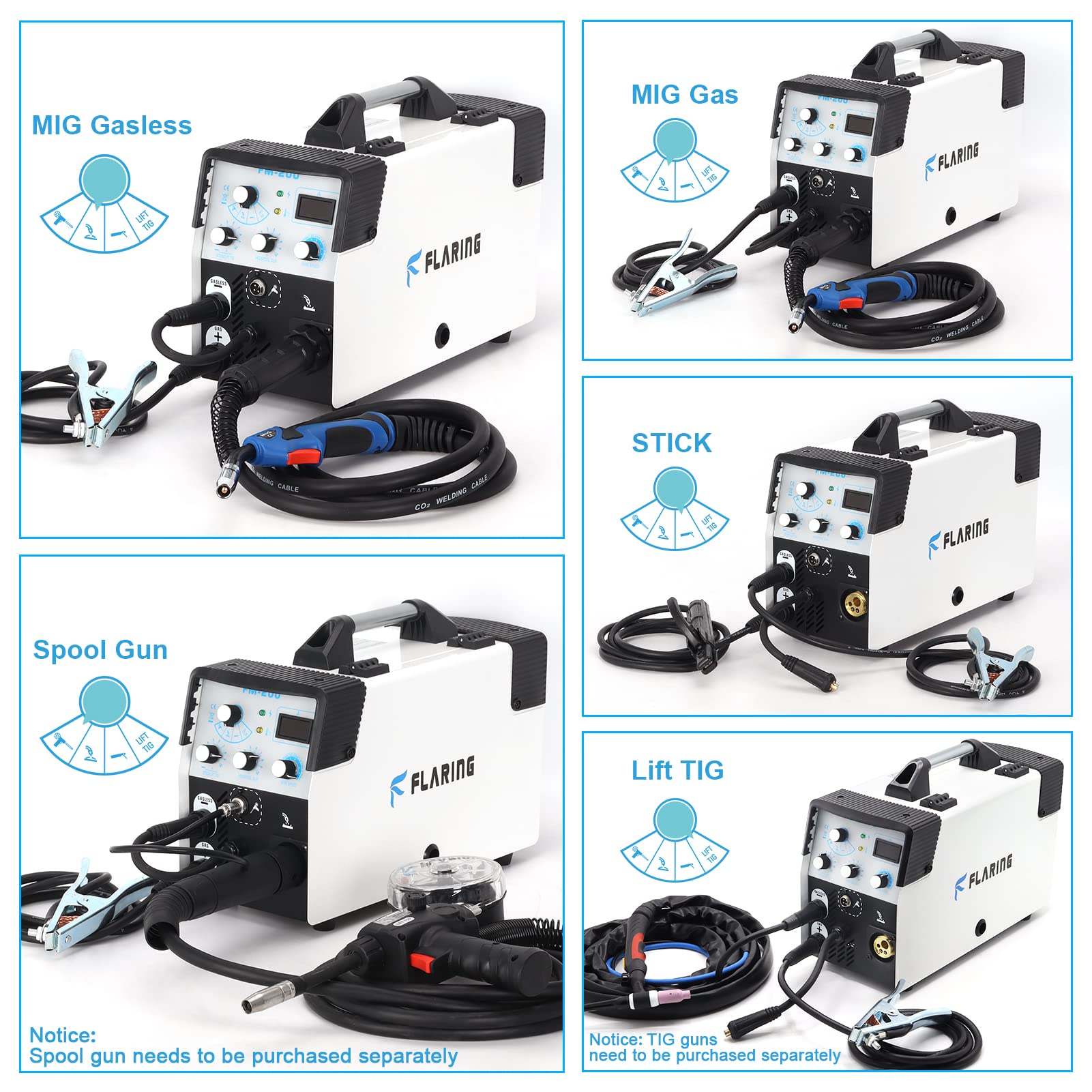 FLARING MIG Welder 200Amp 5 in 1 Gas MIG/Gasless Flux Core MIG/Stick/Lift TIG welding Spool Gun 220V Aluminum Multi Process Welding Machine with Wire Feeding Adjustment Local service
