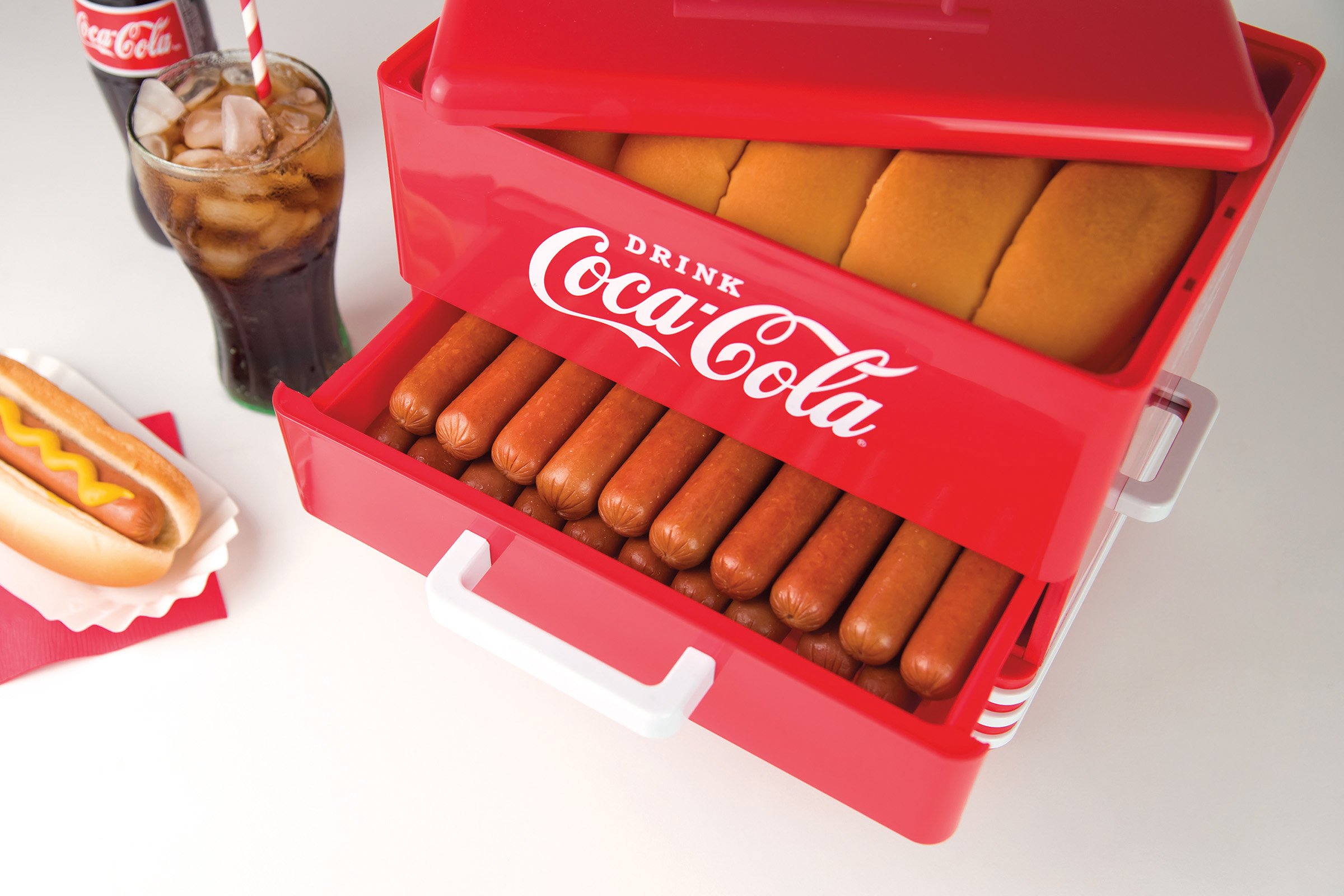 Nostalgia Extra Large Diner-Style Coca-Cola Hot Dog Steamer and Bun Warmer, 24 Hot Dog and 12 Bun Capacity, Steam Bratwursts, Sausages, Vegetables, Fish, Dumplings, Red