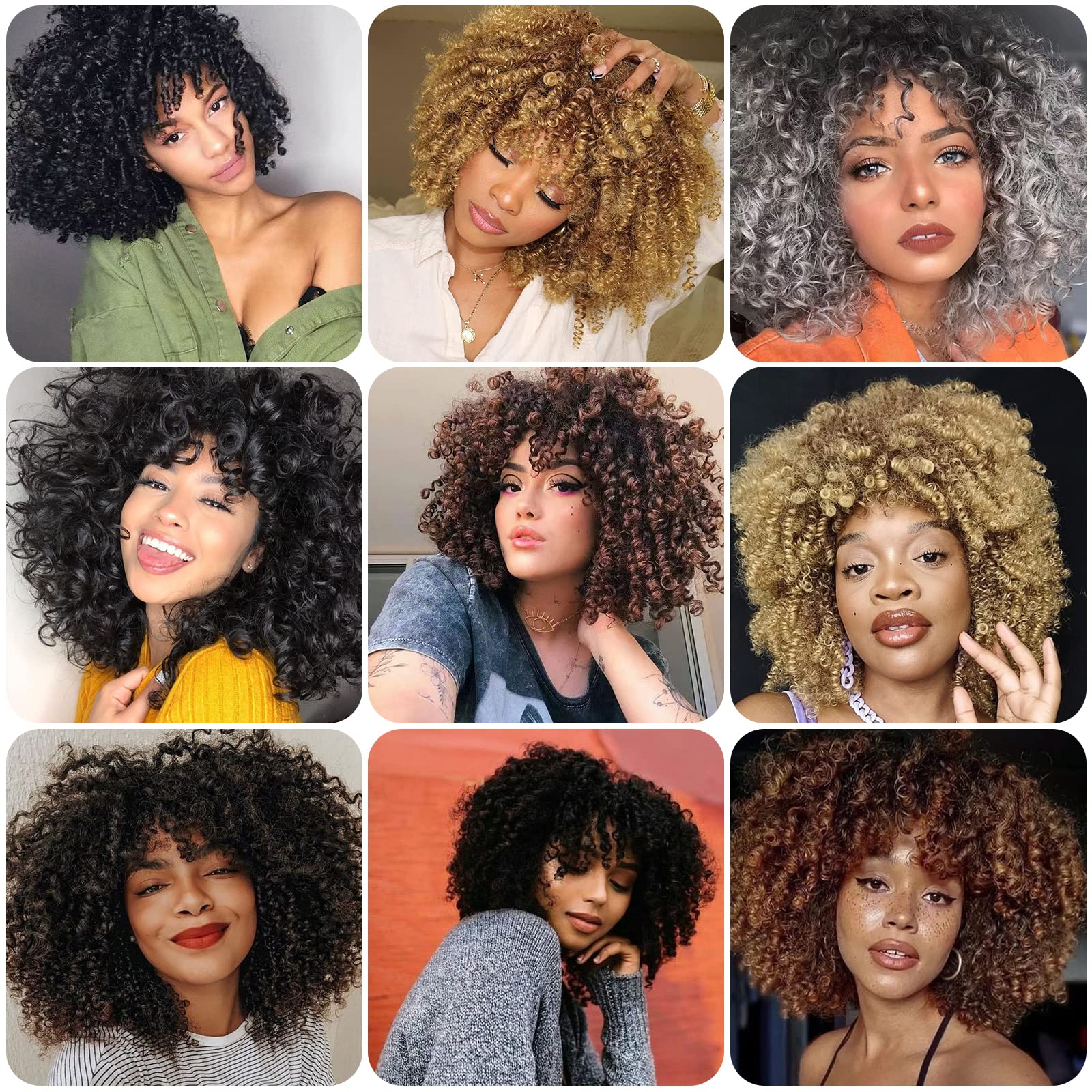 Flvaco Short Curly Wig Synthetic Fiber Full Wig with Bangs Afro Curly Wig for Black Women(1B#)