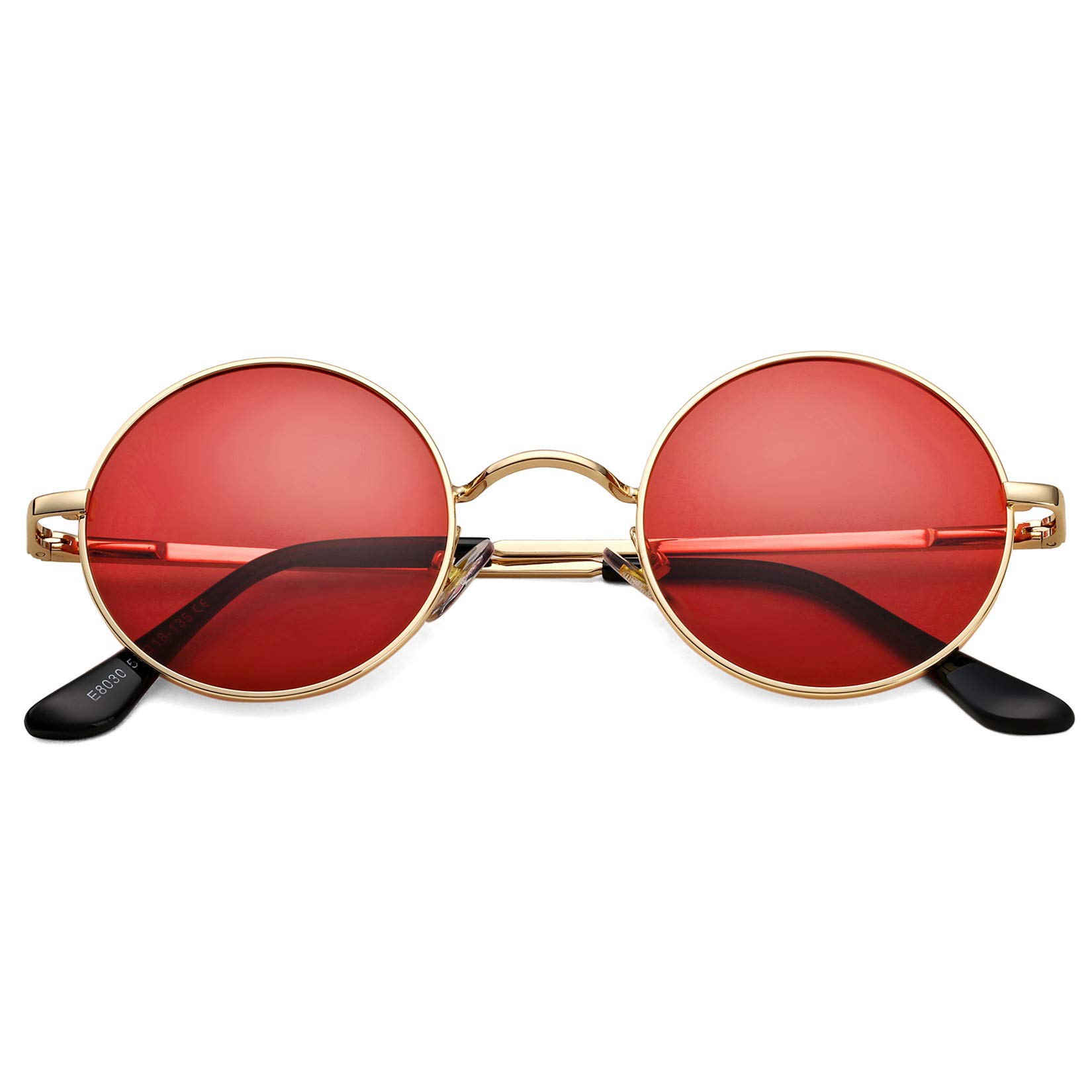 DeBuff Retro Round Polarized Sunglasses for Women Men Small Lennon Style Hippie Sun Glasses (gold frame, ocean red lens)