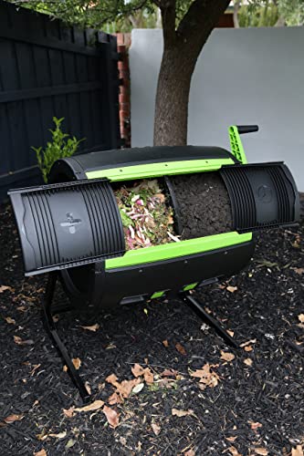 Maze 65 Gallon Dual Chamber Compost Tumbler with Large Double Door and Open Base and Comes with Maze Compost Cart