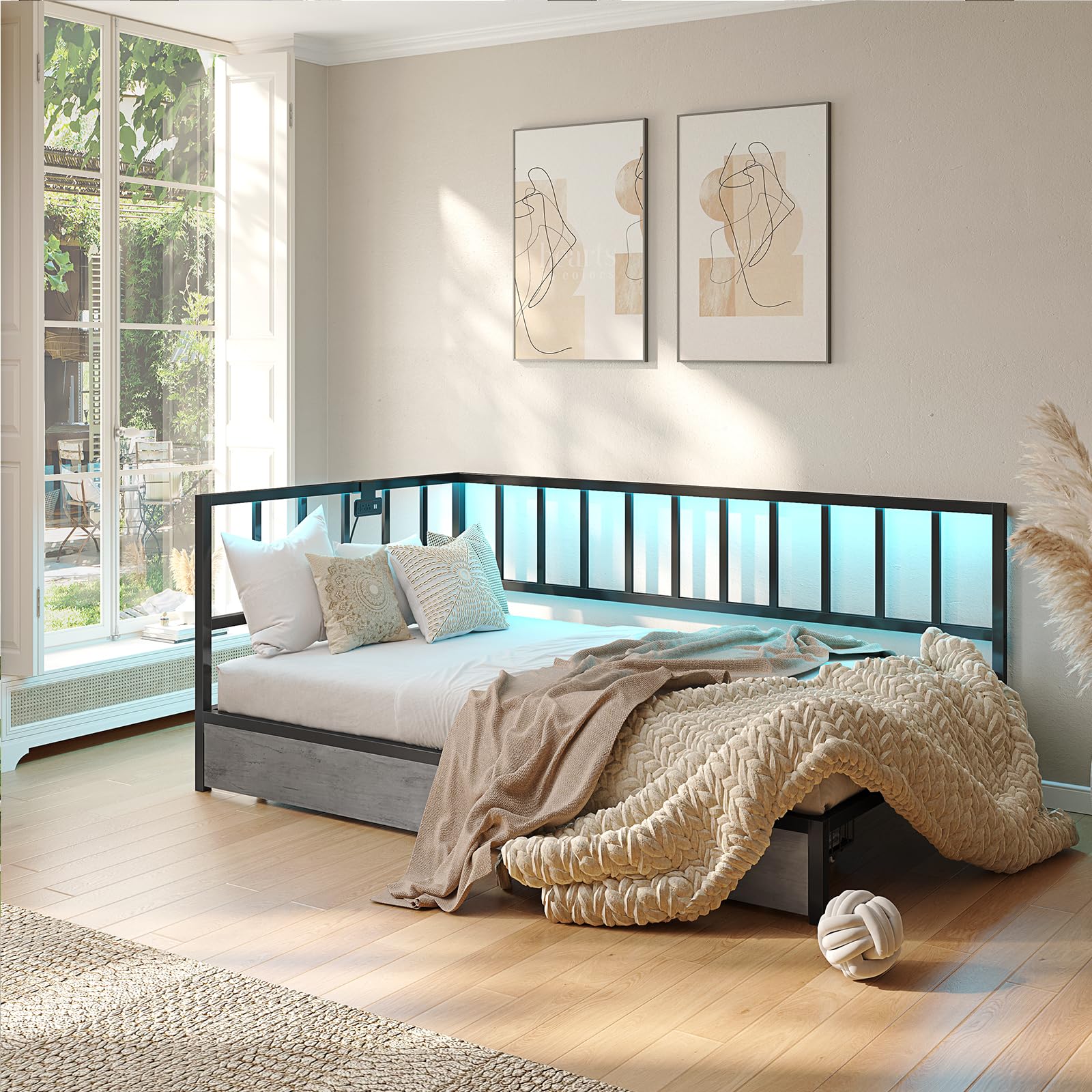 Hasuit Corner Bed Frame Twin Size with LED Light and Charging Station, Modern Twin Bed with 2 Underbed Storage Drawers, Modern Daybed No Box Spring Needed/Noise-Free, Black&Gray