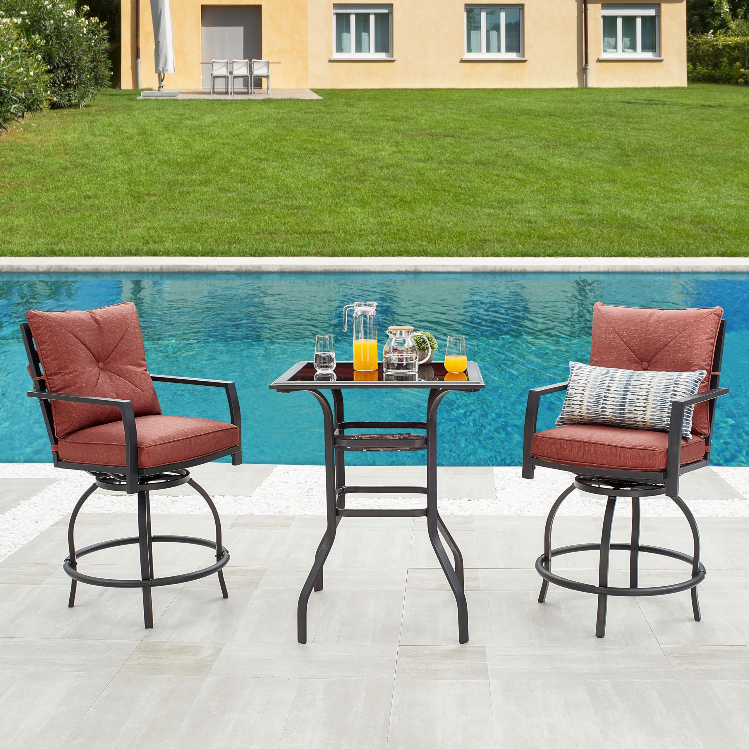 LOKATSE HOME Patio Height Set of 2 Outdoor Swivel Bar Stools with Seat and Back Cushions, 2 Chairs, Red