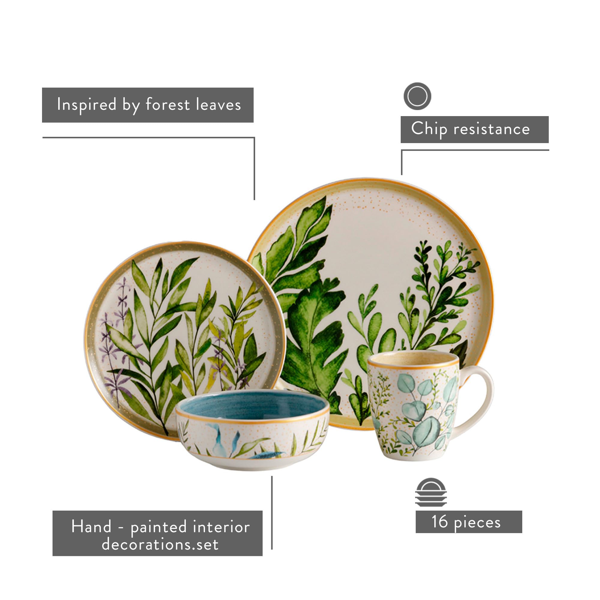 Corona Dinnerware Set 16β piece, Plates Bowls and Mugs Set, Ceramic Sets for 4, Microwave and Dishwasher Safe, Siena Italian Floral Design