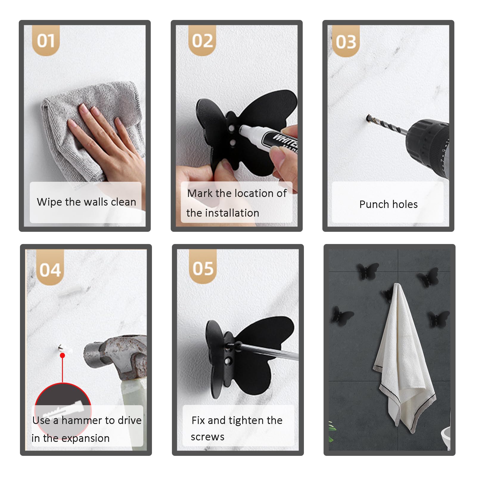 Ideal Swan 6 PCS Hooks for Shower - Stainless Steel Butterfly Shape Hooks, Essentials Elegant and Functional Home Storage Solution for Decor Bathroom Kitchen Home (Black)