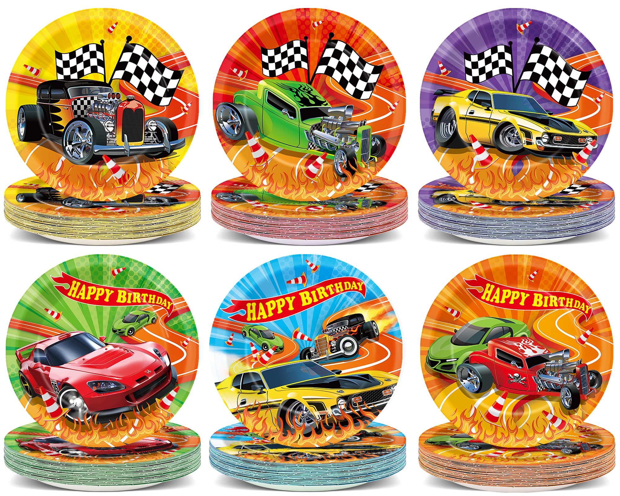 Justforjoyful 60Pcs Hot Car Birthday Party Supplies Colorful Racing Cars Plates Race Car Tableware Party Decorations for Kids Boys Baby Shower Hot Car Wild Racer Dinnerware Party Favors for 60 Guest