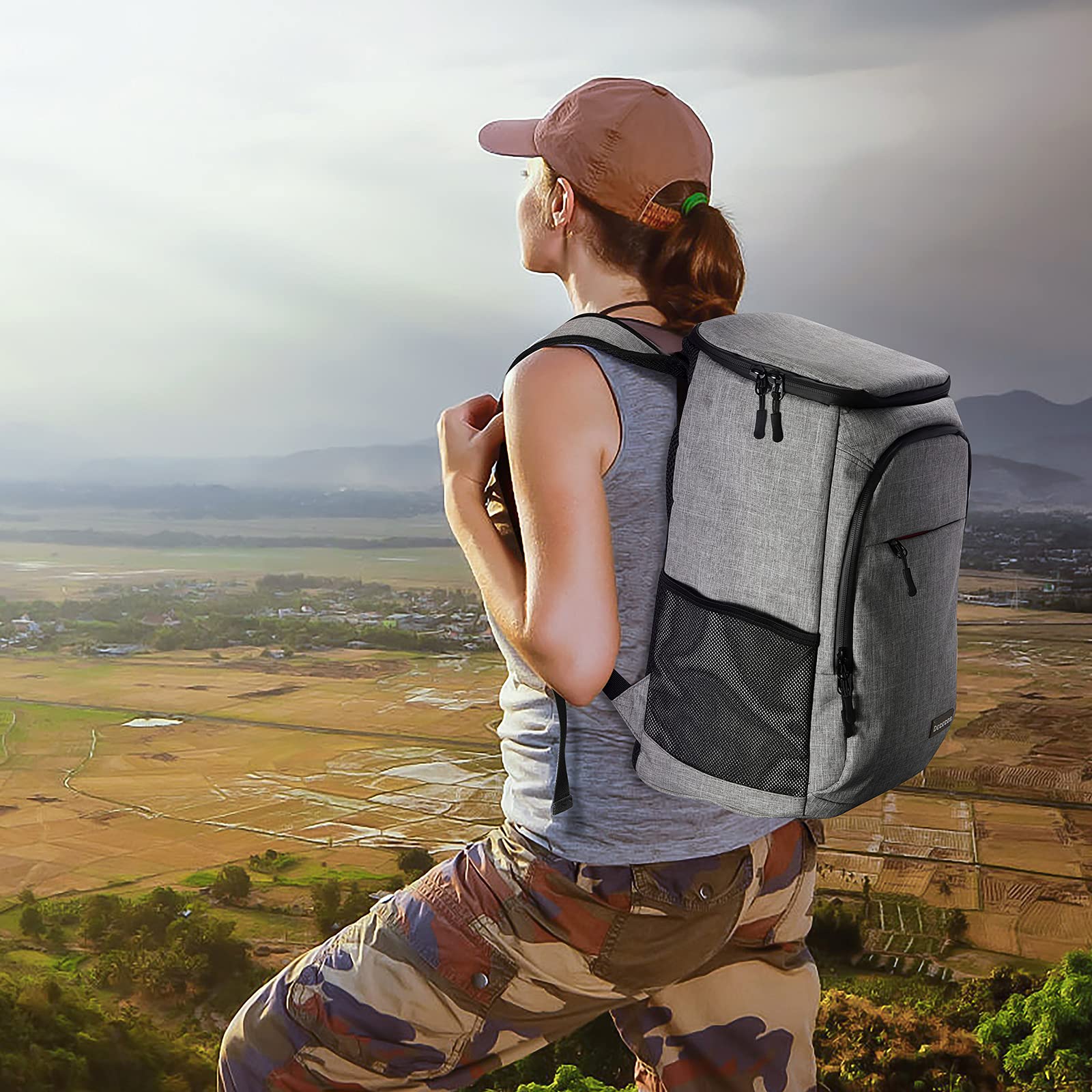 Dececos Cooler Backpack Grey with Corkscrew Soft Waterproof Adjustable Blanket Fixing Strap, Leak-Proof Insulated Cooler Bag for Camping, Hiking, Beach, Travel
