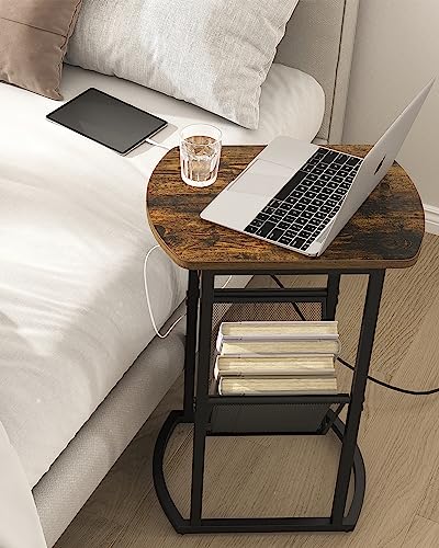 Hzuaneri Side Table with Charging Station, End Table with V-Mesh Magazine Holder, Industrial Record Player Stand with CD Album Storage Shelf, Rustic Brown and Black ET05401B