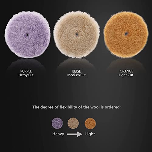 SPTA Wool Buffing Polishing Pads, 3Pcs 6" (150mm) Coarse Medium Cutting Car Wool Polishing Pads, Premium 100% Wool Cutting Pad with Hook and Loop for Car Polisher Car Polishing and Buffing -WPMIXS6