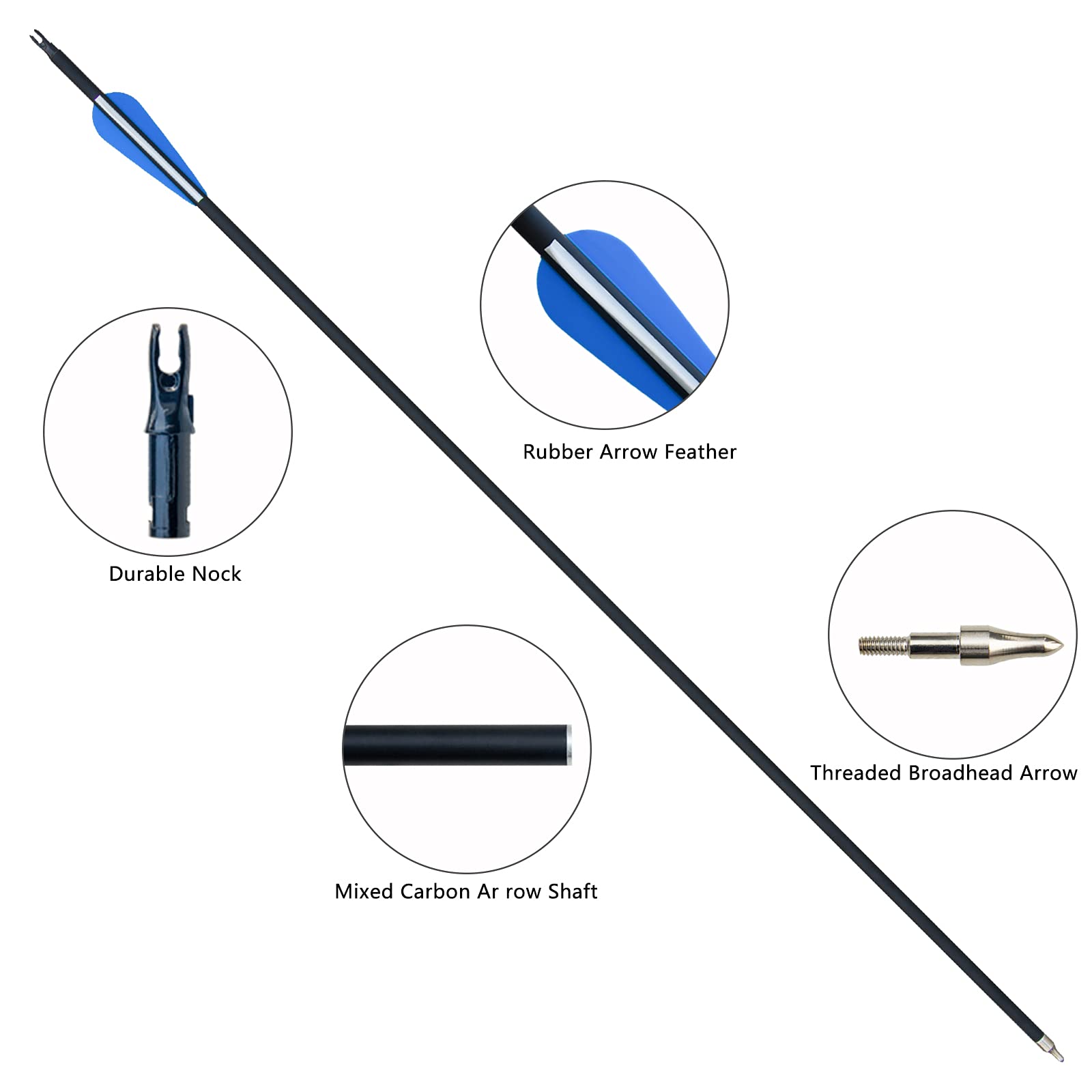 D&Q Carbon Arrow Hunting Arrows, with 100 Grain Removable Tips Target Practice Arrows for Archery Compound & Recurve Bow (Blue+White)