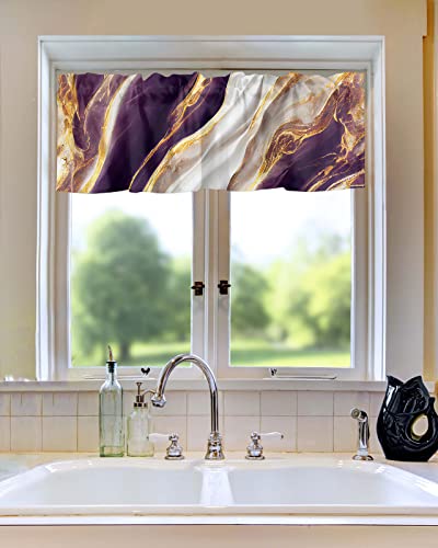 Window Curtain Valances for Kitchen Windows,Purple Gold White Marble Texture Rod Pocket Short Window Valance Natural Cracks Granite Stone Cafe Treatment Valance for Living Room/Bathroom/Bedroom