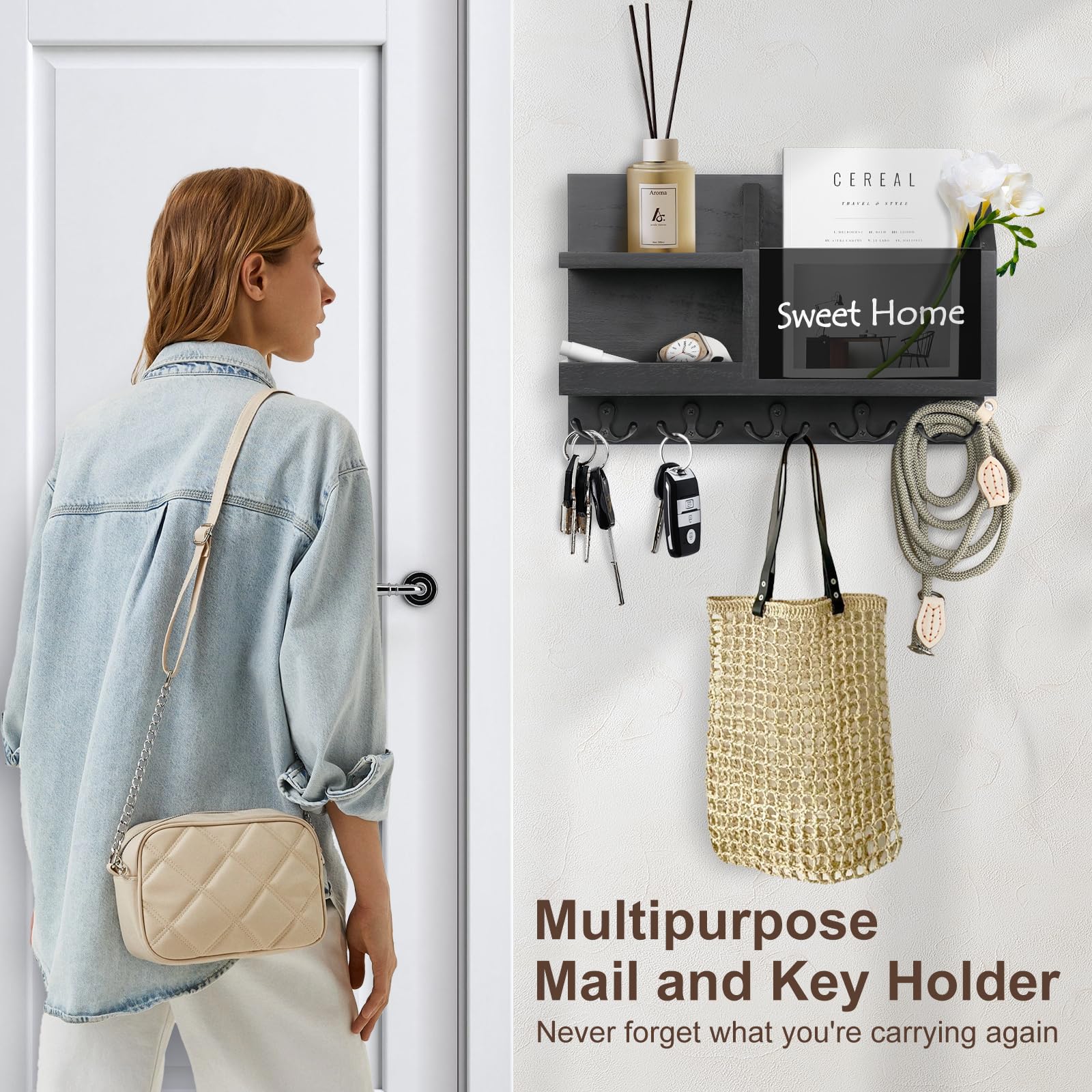 Hausanlee Key Holder Wall Mount,Farmhouse Key and Mail Holder for Wall with 5 Double Hooks and Acrylic Chalkboard,Wooden Hanging Key Rack for Kitchen and Entryway Décor Letter Dog Leash