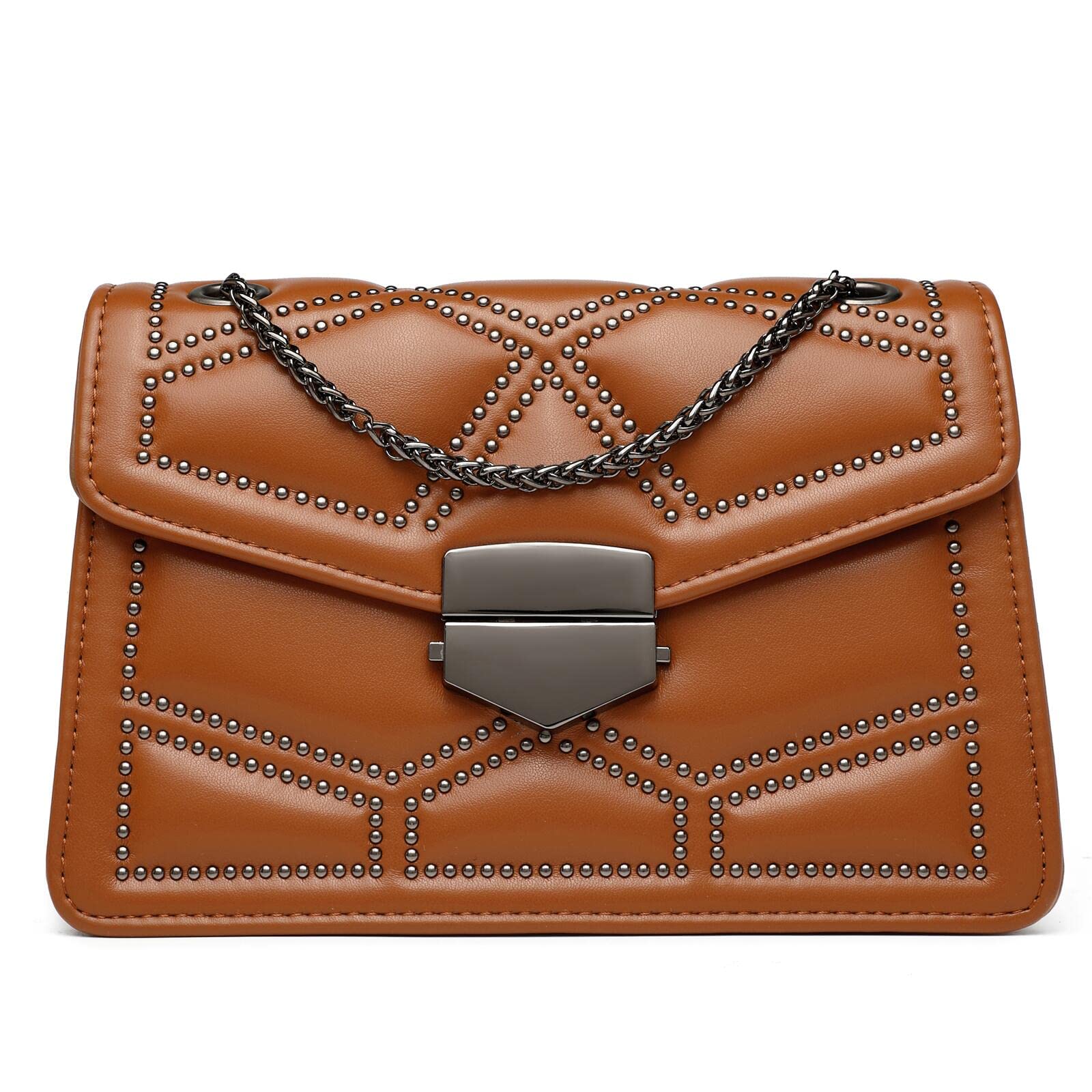TAGDOT Rivets Chain Small Shoulder Crossbody Messenger Bags for Women Purse and Handbags (Brown)