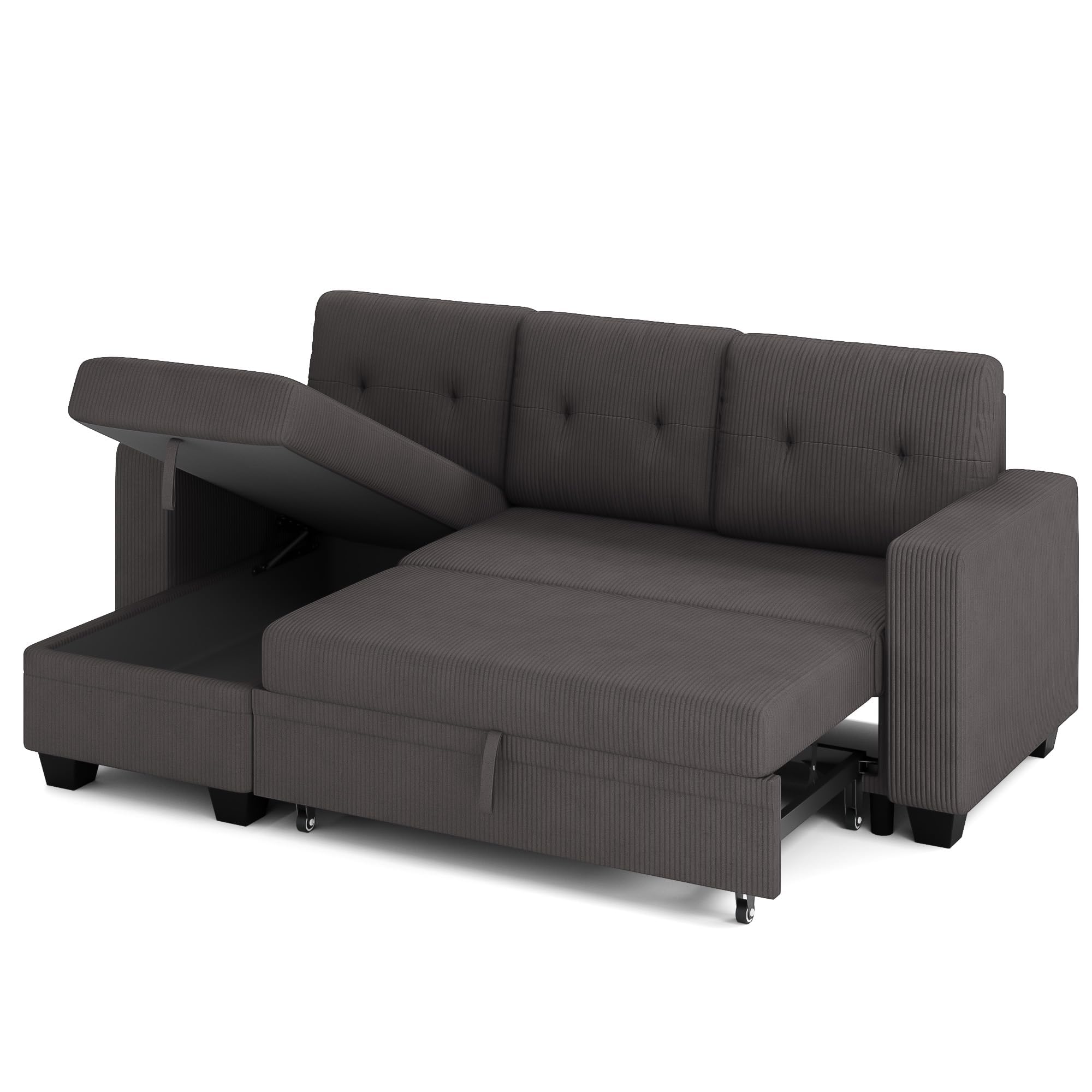 Furniwell Sleeper Sofa, L Shaped Pull Out Couch Sofa Bed with Storage Chaise Sectional Couch for Small Apartments, Living Room and Office (Corduroy)