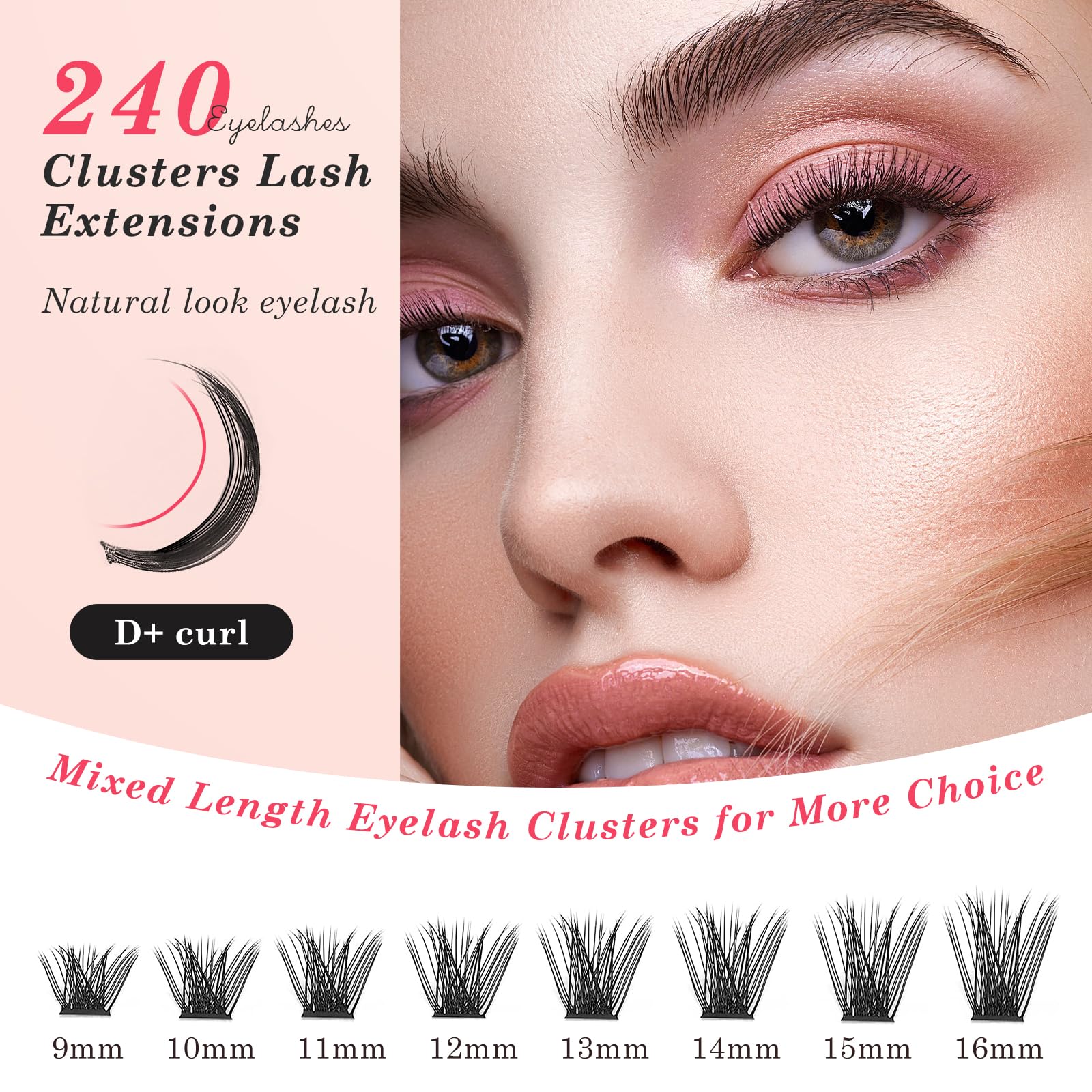 Cluster Lashes 240pcs Lash Extension D Curl False Eyelashes Individual Lash Clusters Eyelash Extension Mixed Length Eyelash Clusters Natural Look Eyelash Extension Cluster Lashes (40D-0.07D-9-16mm)