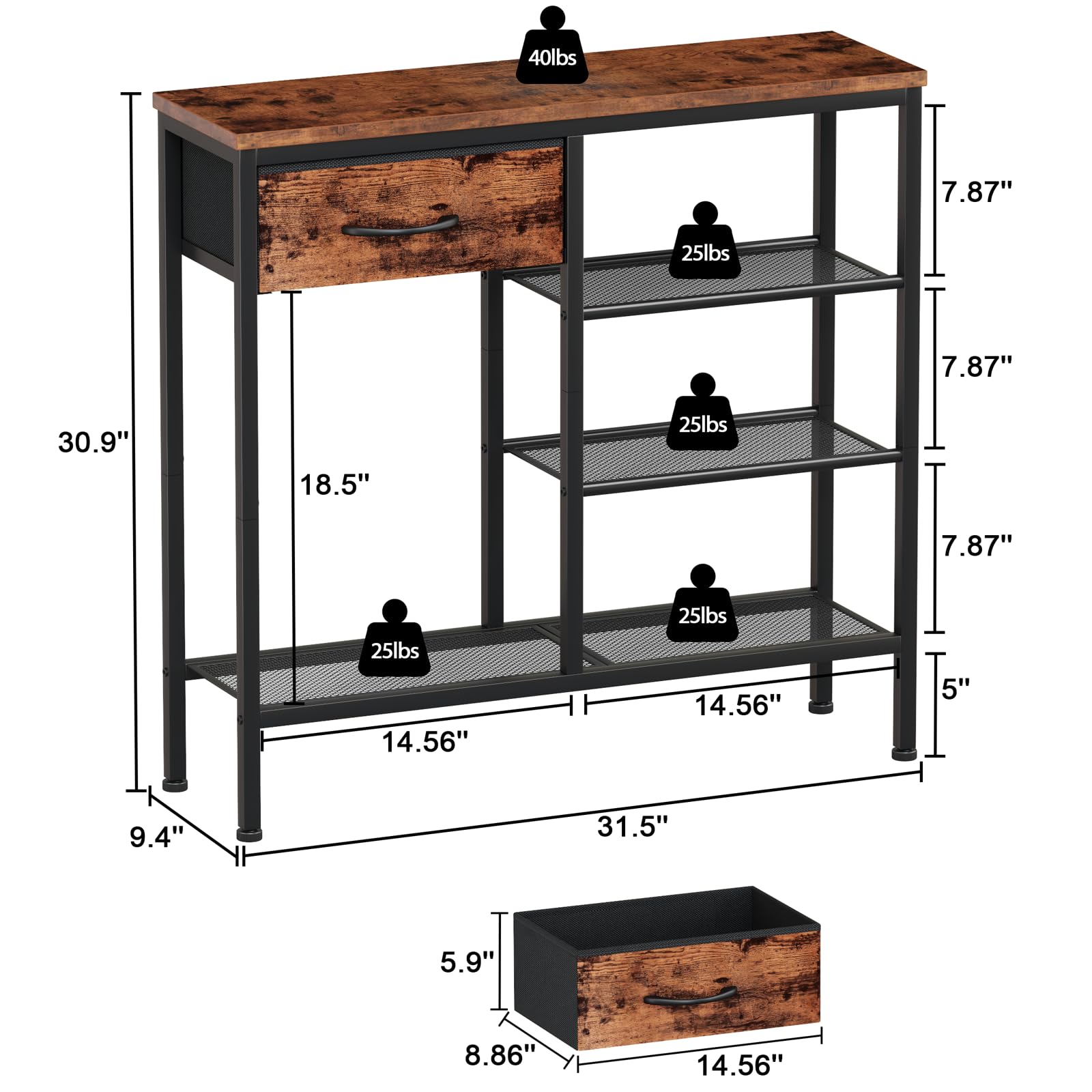 Furnulem Entryway Table Industrial 31.5" Sofa Console Table with Metal Mesh Shelf,Storage Fabric Drawer 4-Tier Shoe Rack Side Table for Front Door,Foyer-Wooden Top and Sturdy Steel Frame,Rustic Brown