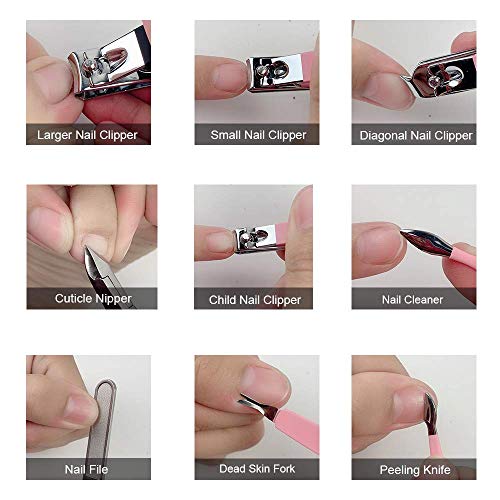 Manicure Set Professional Nail Clippers Kit Pedicure Care Tools- Stainless Steel Women Grooming Kit 18Pcs for Travel or Home (Pink)