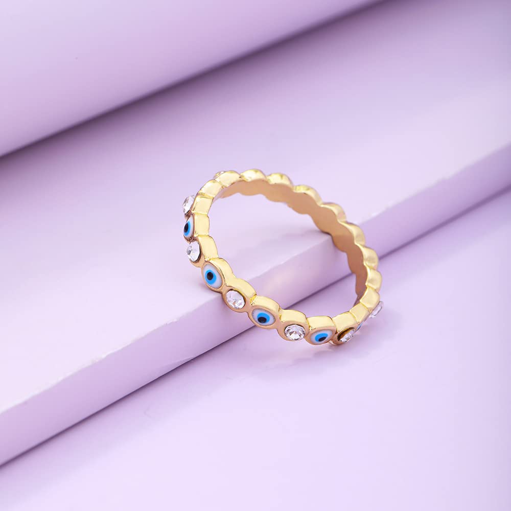 COLORFUL BLING 4 Pcs Set 14K Gold Plated Evil Eye Ring White Gold Plated Eye Ring Set Adjustable Stackable Rings Minimalist Protection Jewelry for Women Girls