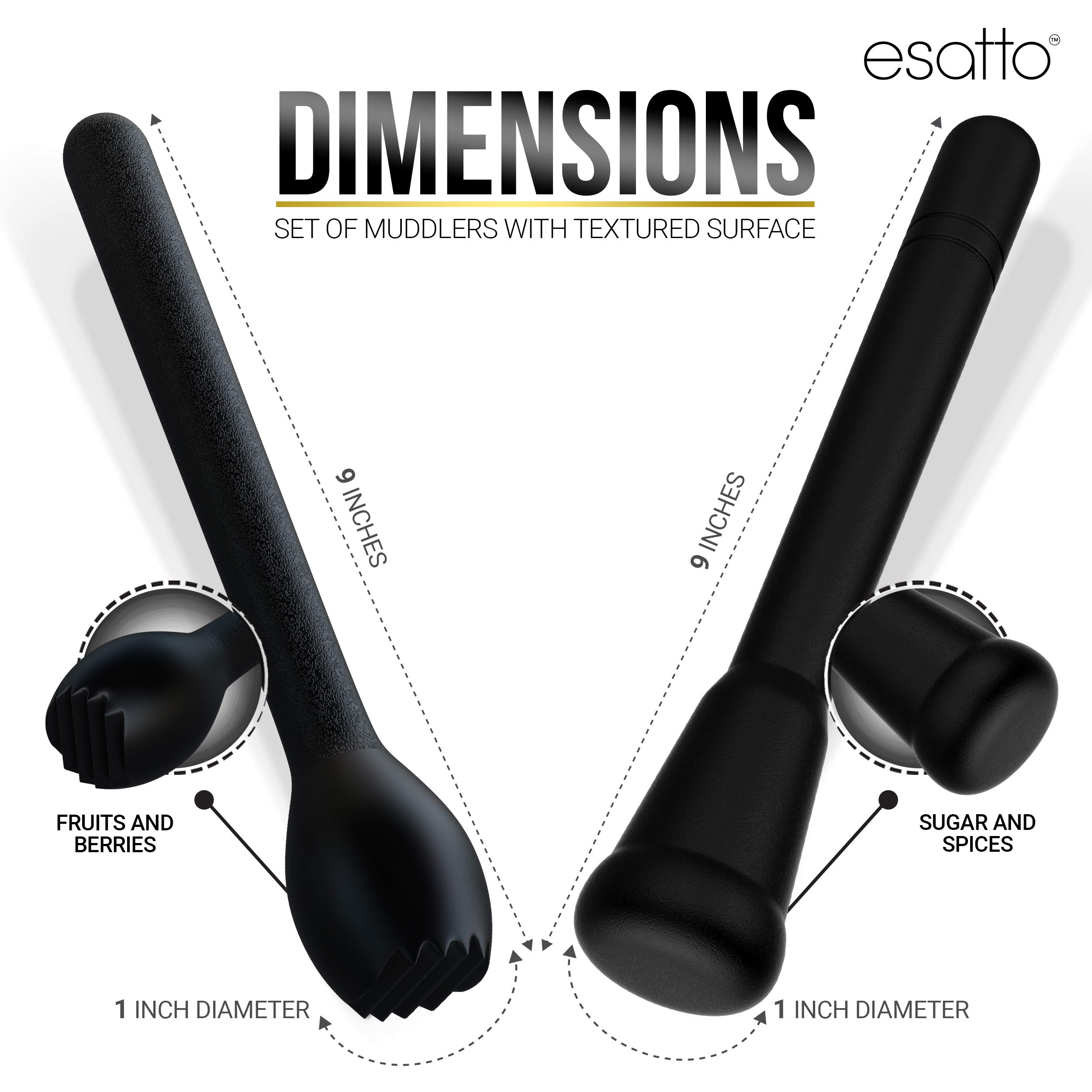 Esatto Professional Bar Tool Muddler 25 CM (9 Inches) Ribbed β Made with ABS Plastic, Black Set of 2 β Durable and Ribbed for Mashing Fruits, Berries, Sugar, Spices, and Herbs