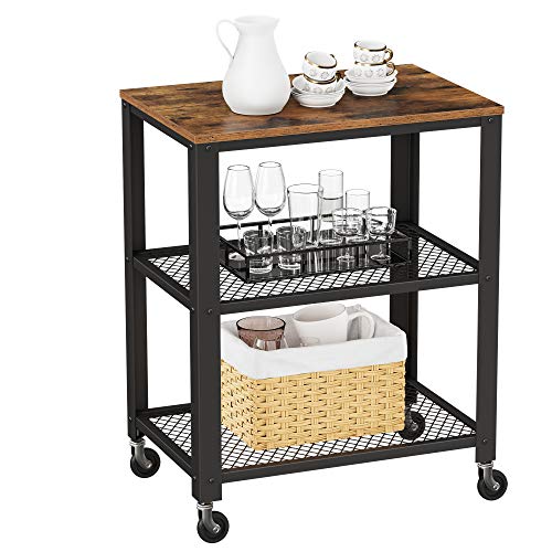 VASAGLE Serving Cart, 3-Tier Bar Cart on Wheels with Storage and Steel Frame, Rustic Brown ULRC78X