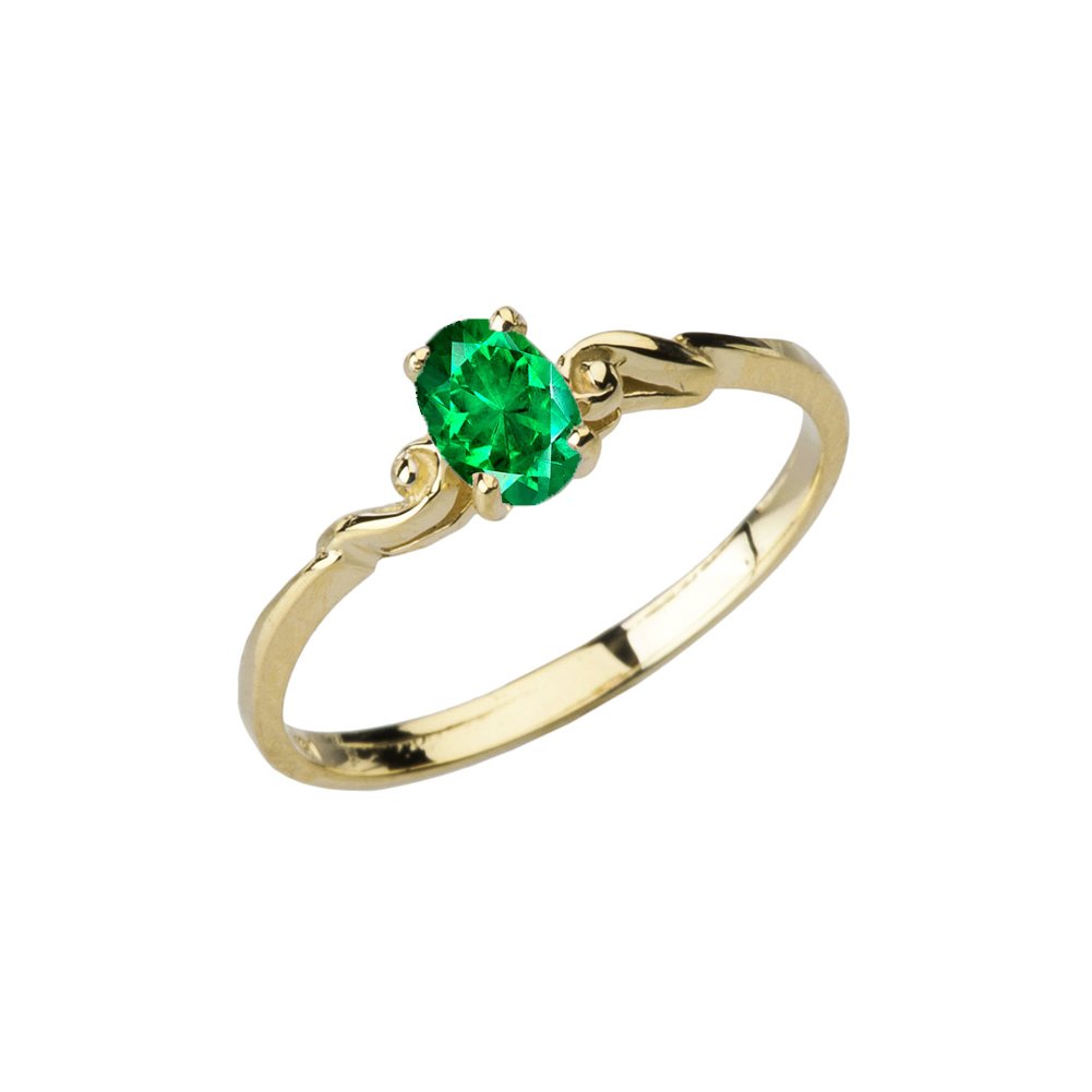 Dainty 14k Yellow Gold Genuine Emerald Swirled Engagement/Promise Solitaire Ring (Size 10)